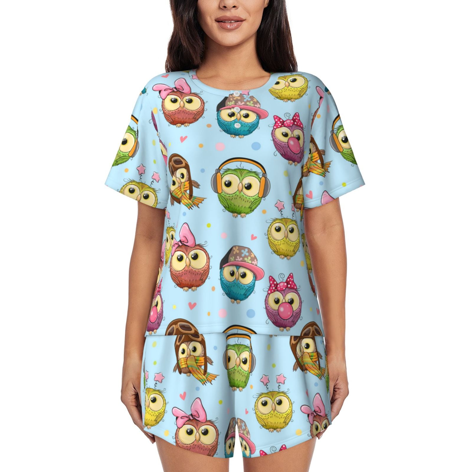 Haiem Cute Cartoon Owls 3 Pattern Pajama Set for Women 2 Piece Lounge ...