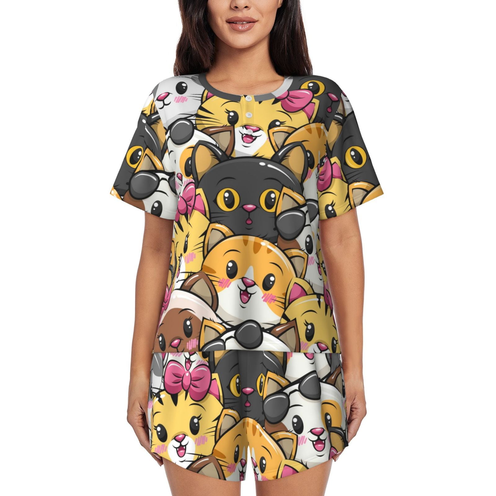 Haiem Cute Cat Cartoon Pattern Pajama Set for Women 2 Piece Lounge Set ...