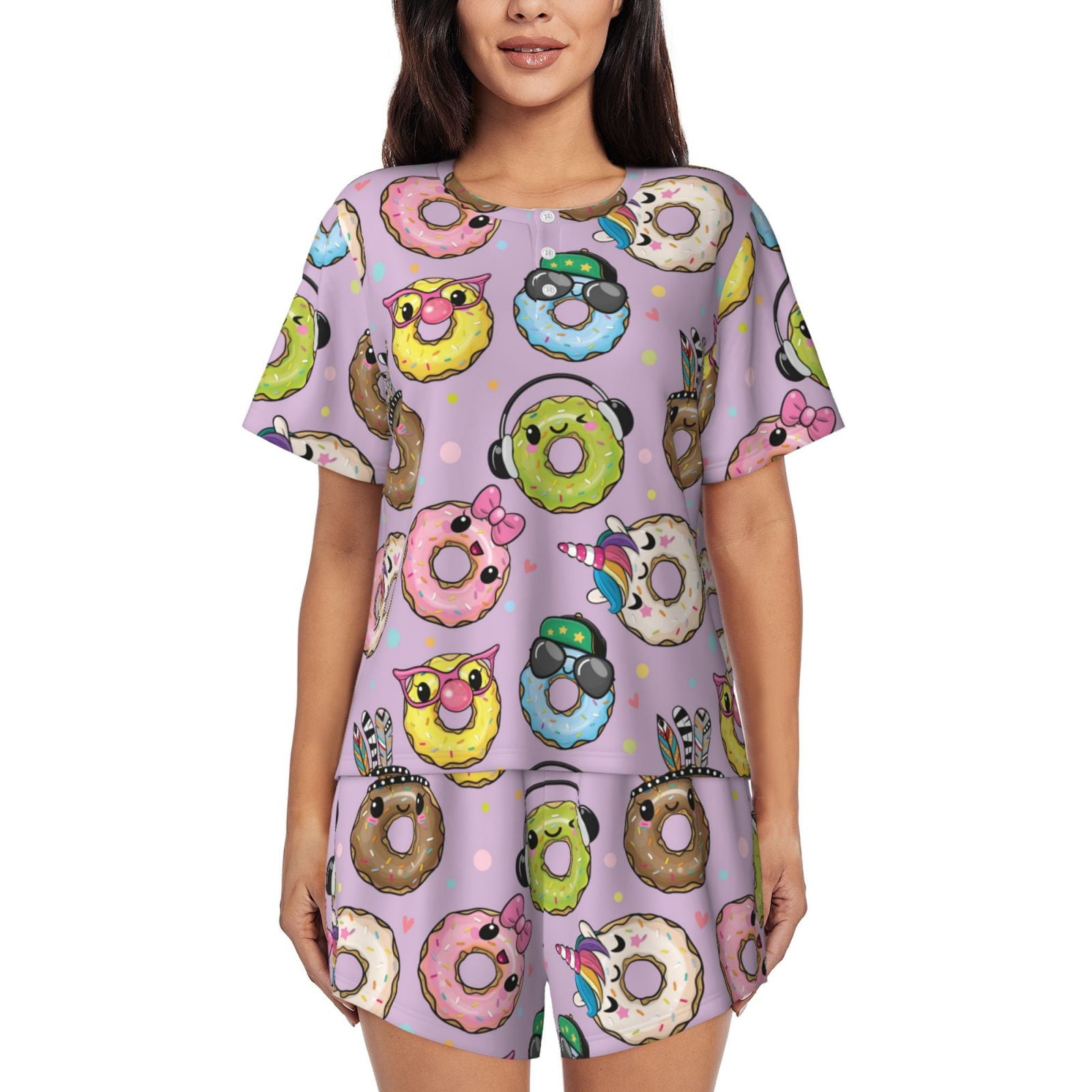 Haiem Cute Donuts Pattern Pajama Set for Women 2 Piece Lounge Set Short ...