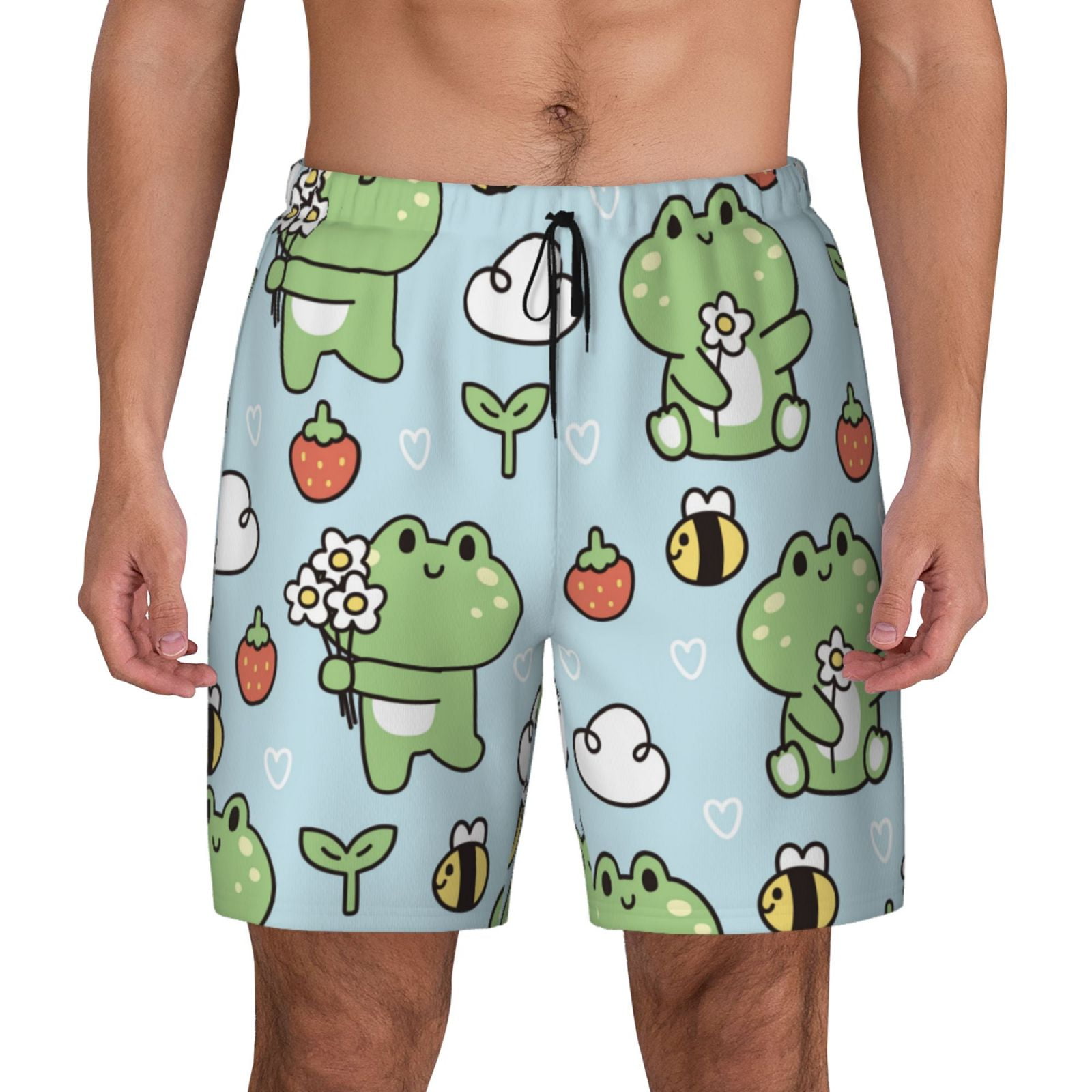 Haiem Cute Floral Frog Mens Swim Trunks With Compression Liner 2 In 1