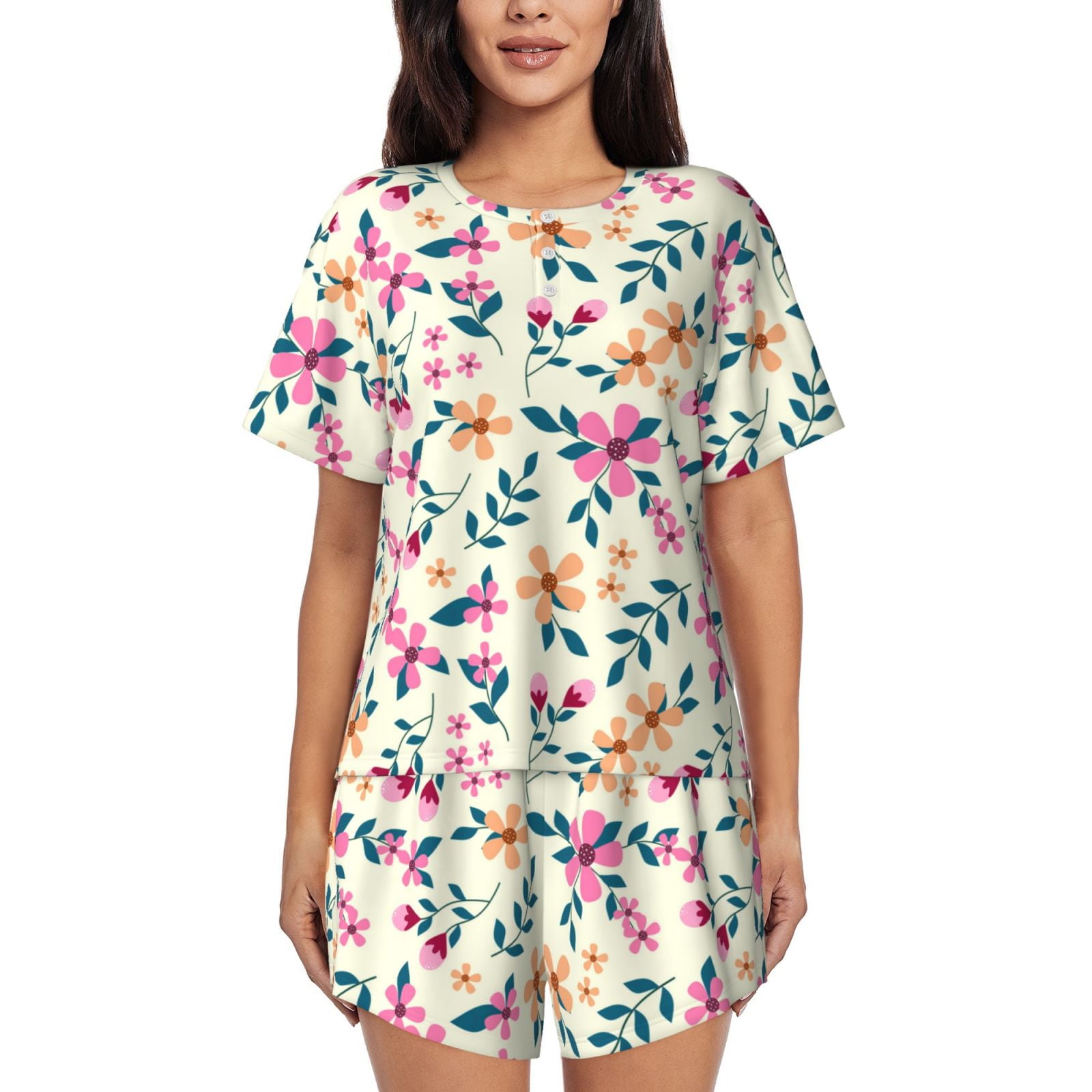 Haiem Cute Flower Pattern Pajama Set for Women 2 Piece Lounge Set Short ...
