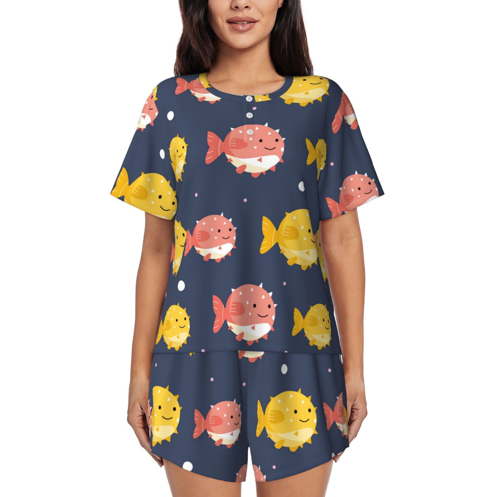 Haiem Cute Puffer Fish Pattern Pajama Set for Women 2 Piece Lounge Set ...