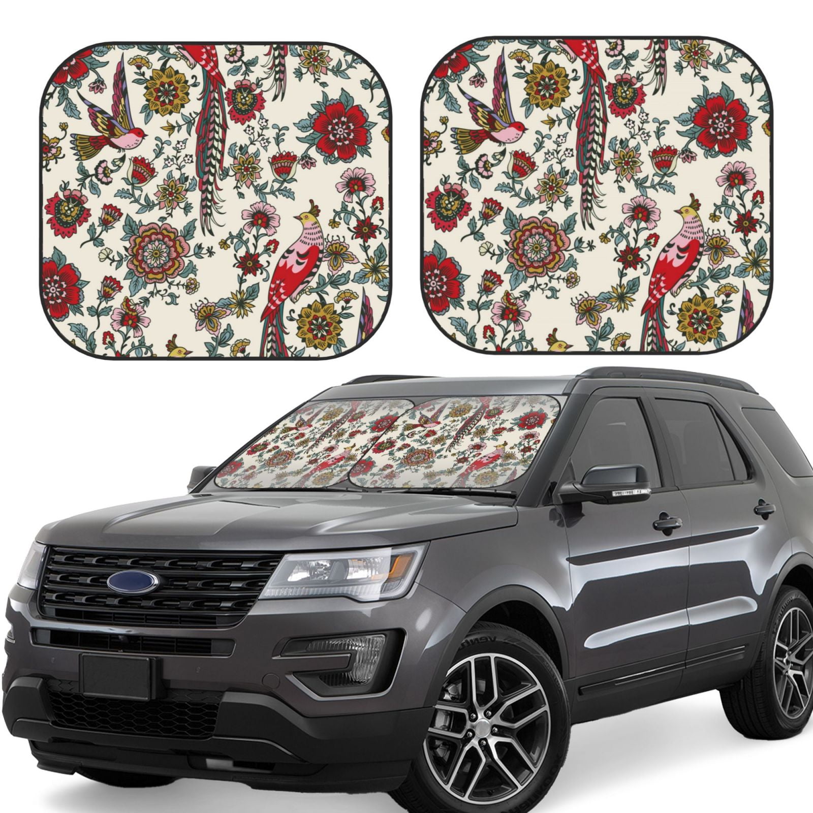 Haiem Dark Enchanted Flowers And Birds Windshield Sun Shade: Universal Foldable 2-Piece Car ...