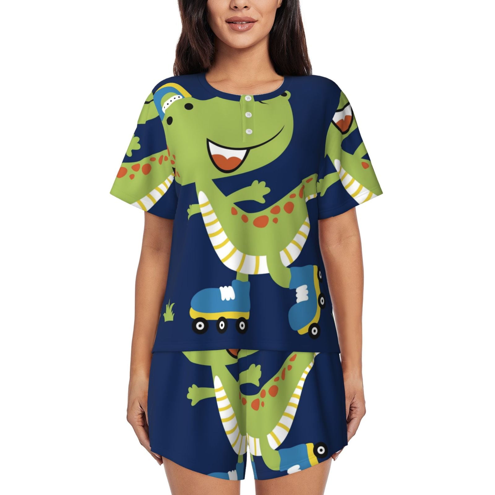 Haiem Dino Playing Roller Skate Pattern Pajama Set for Women 2 Piece ...