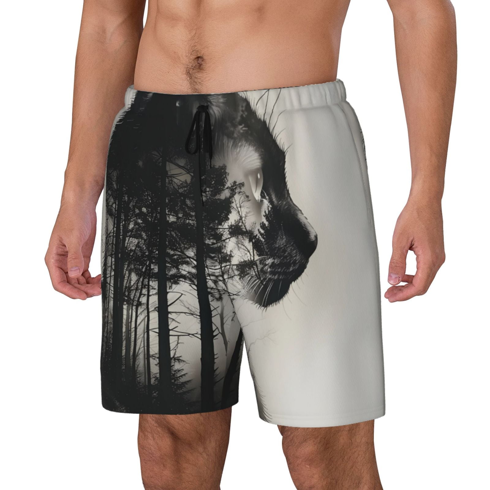 Haiem Double Exposure Cat Forest Mens Swim Trunks with Compression ...