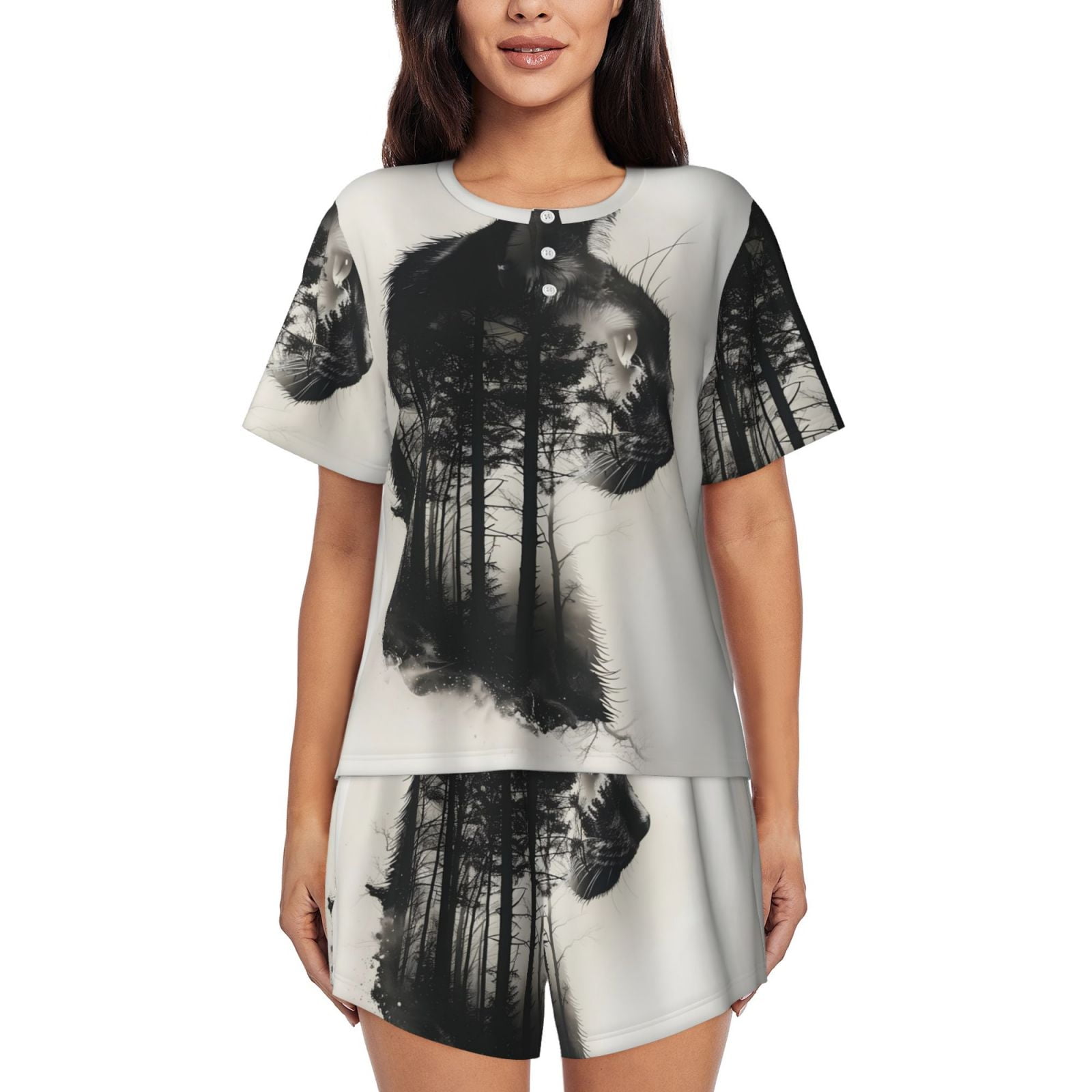 Haiem Double Exposure Cat Forest Pattern Pajama Set for Women 2 Piece ...
