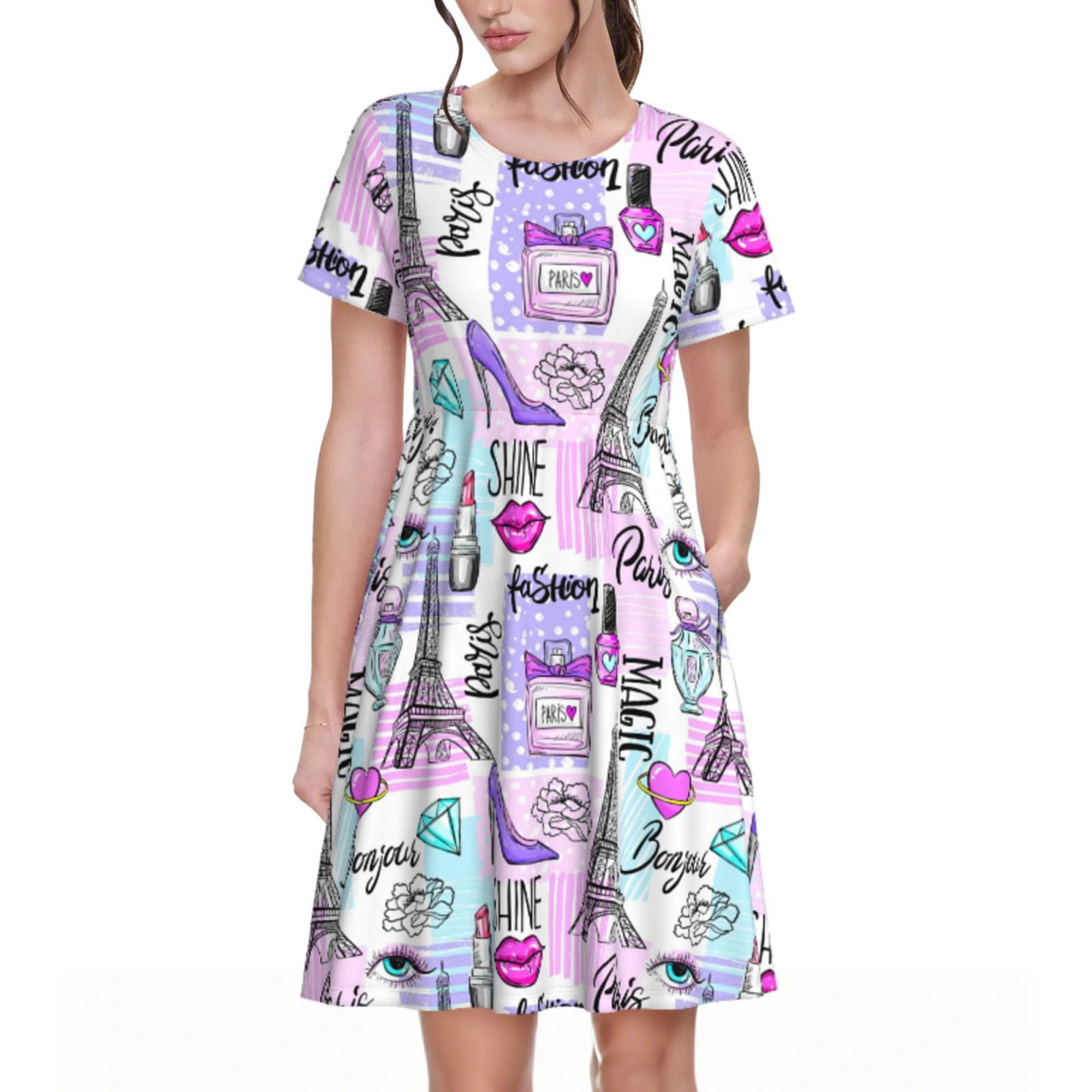 Haiem Eiffel Tower and Hearts Pattern Women's Short-Sleeve Scoop Neck ...