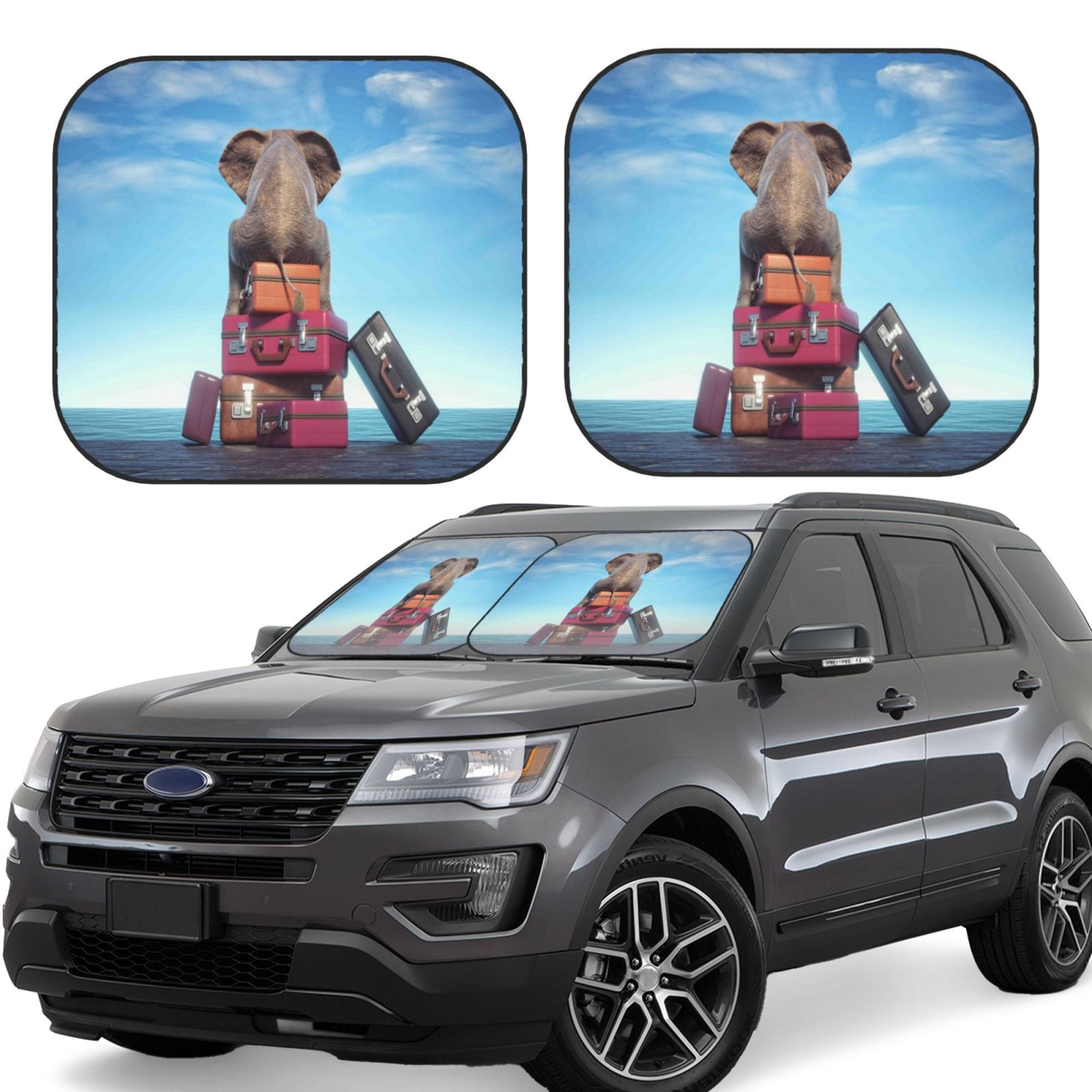 Haiem Elephant Sits On A Stack Of Luggages Ocean Car Windshield Sun ...