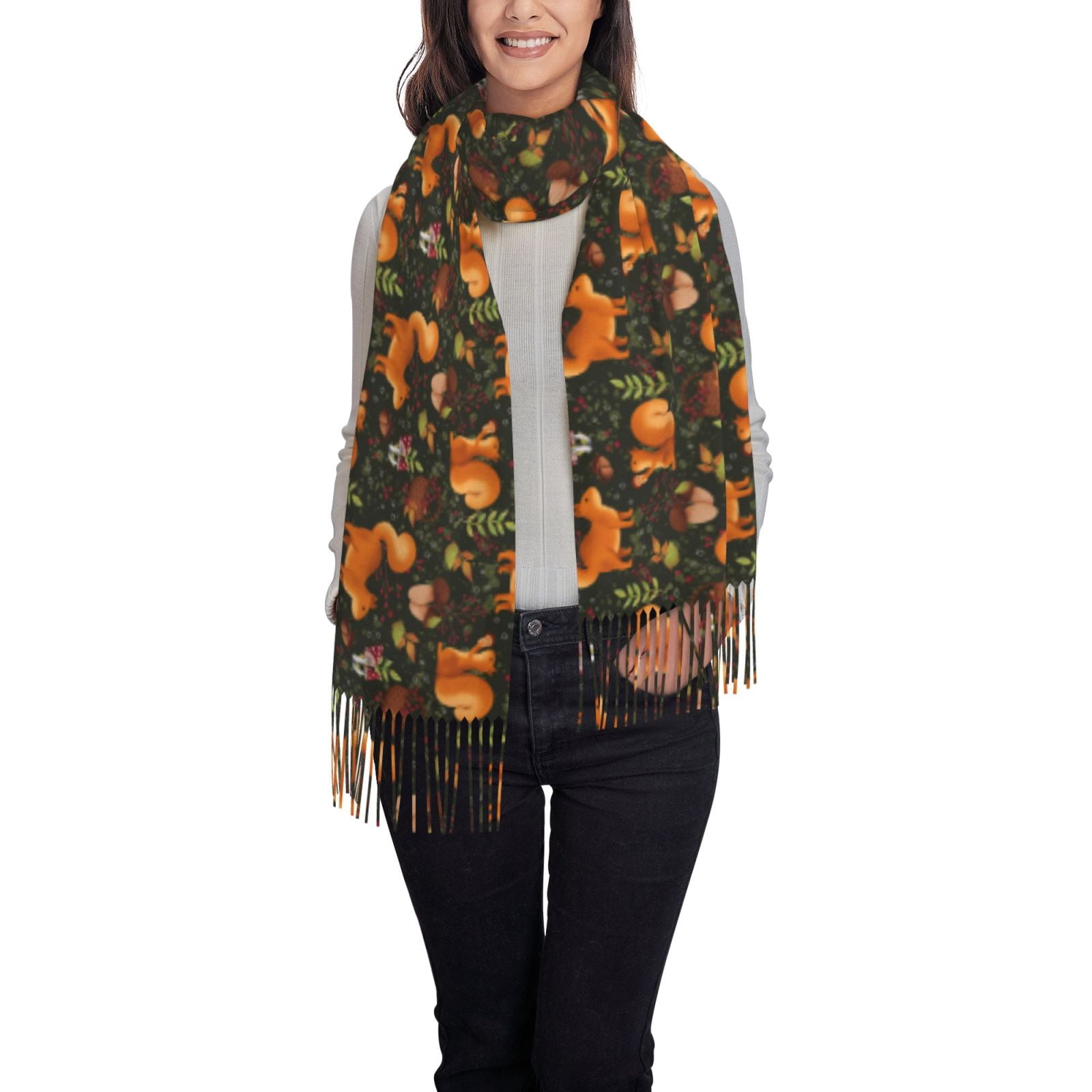 Haiem Festive Squirrels Dark Forest Pattern Women's Long Blanket Scarf ...