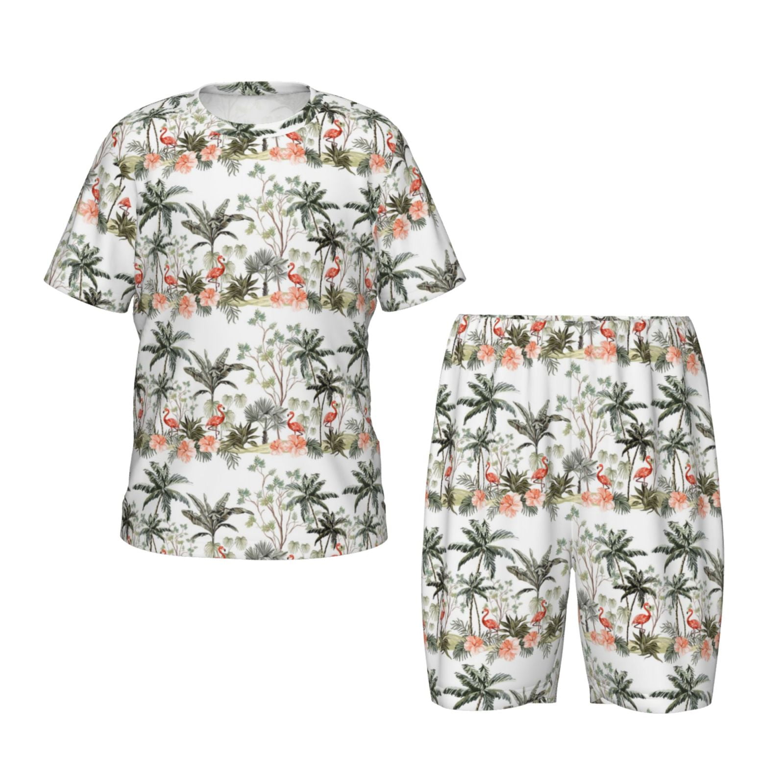 Haiem Flamingo Palm Trees Pattern Kids’ Breathable Pajama Set – Short-Sleeved Cotton PJs ...