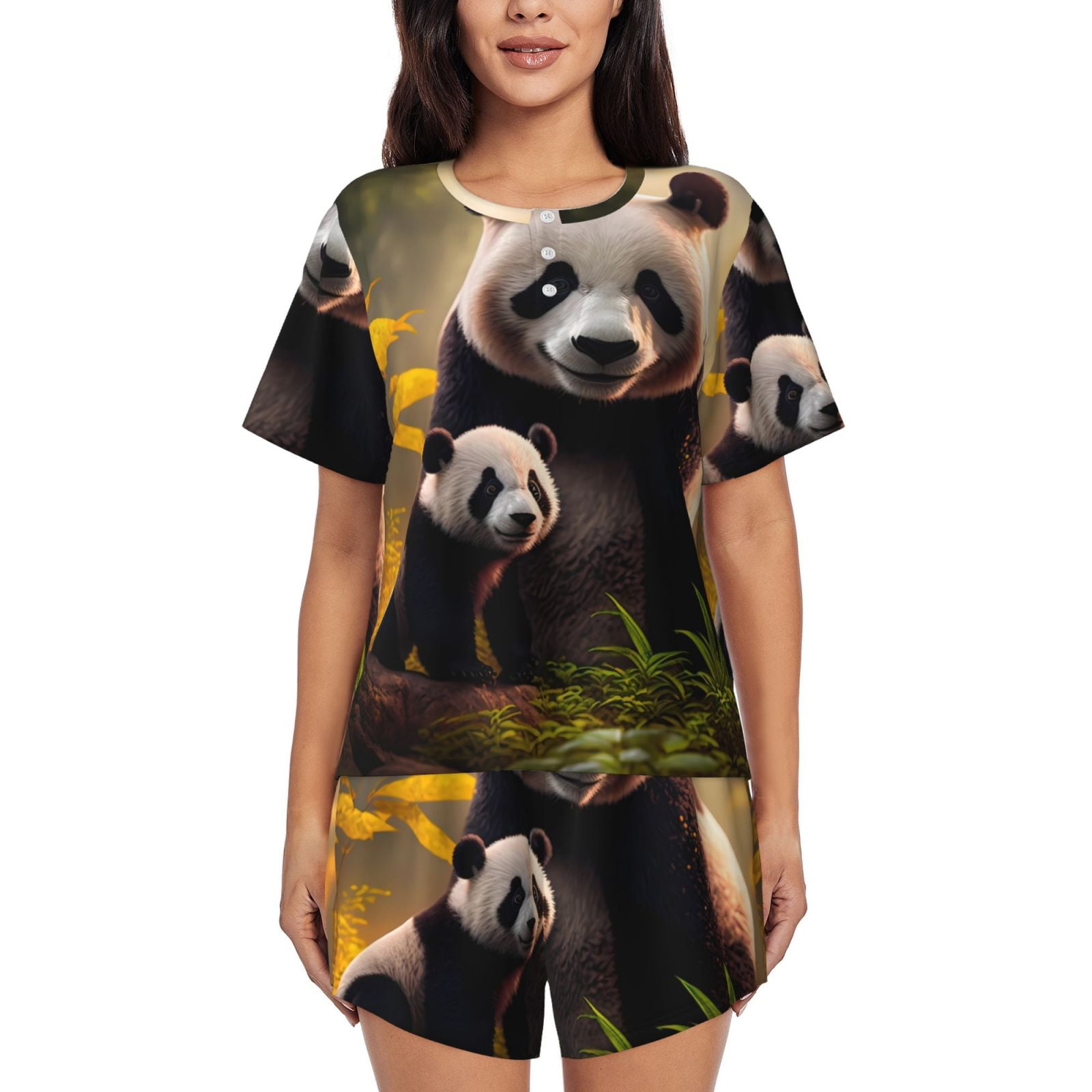 Haiem Forest Panda Pattern Pajama Set for Women 2 Piece Lounge Set ...