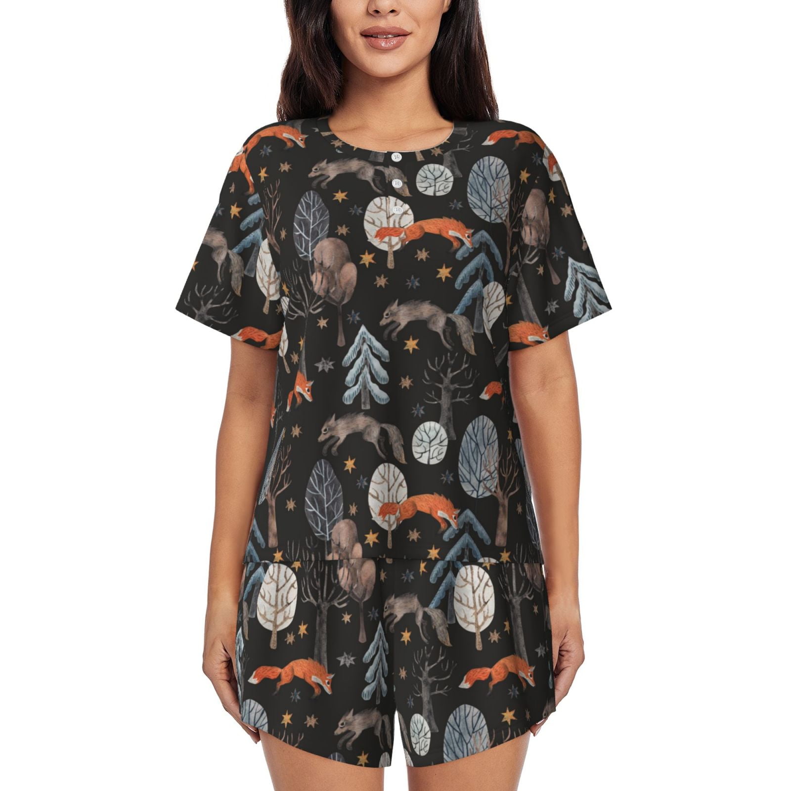 Haiem Fox In The Forest Pattern Pajama Set for Women 2 Piece Lounge Set ...