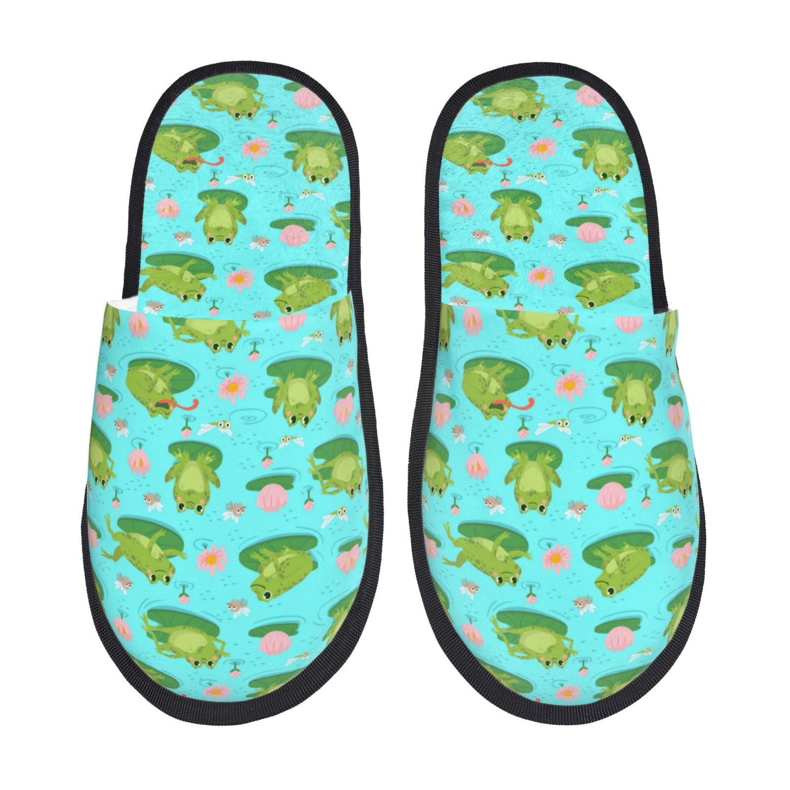 Haiem Frogs And Aquatic Plants Print Fuzzy Slippers for Women Plush ...