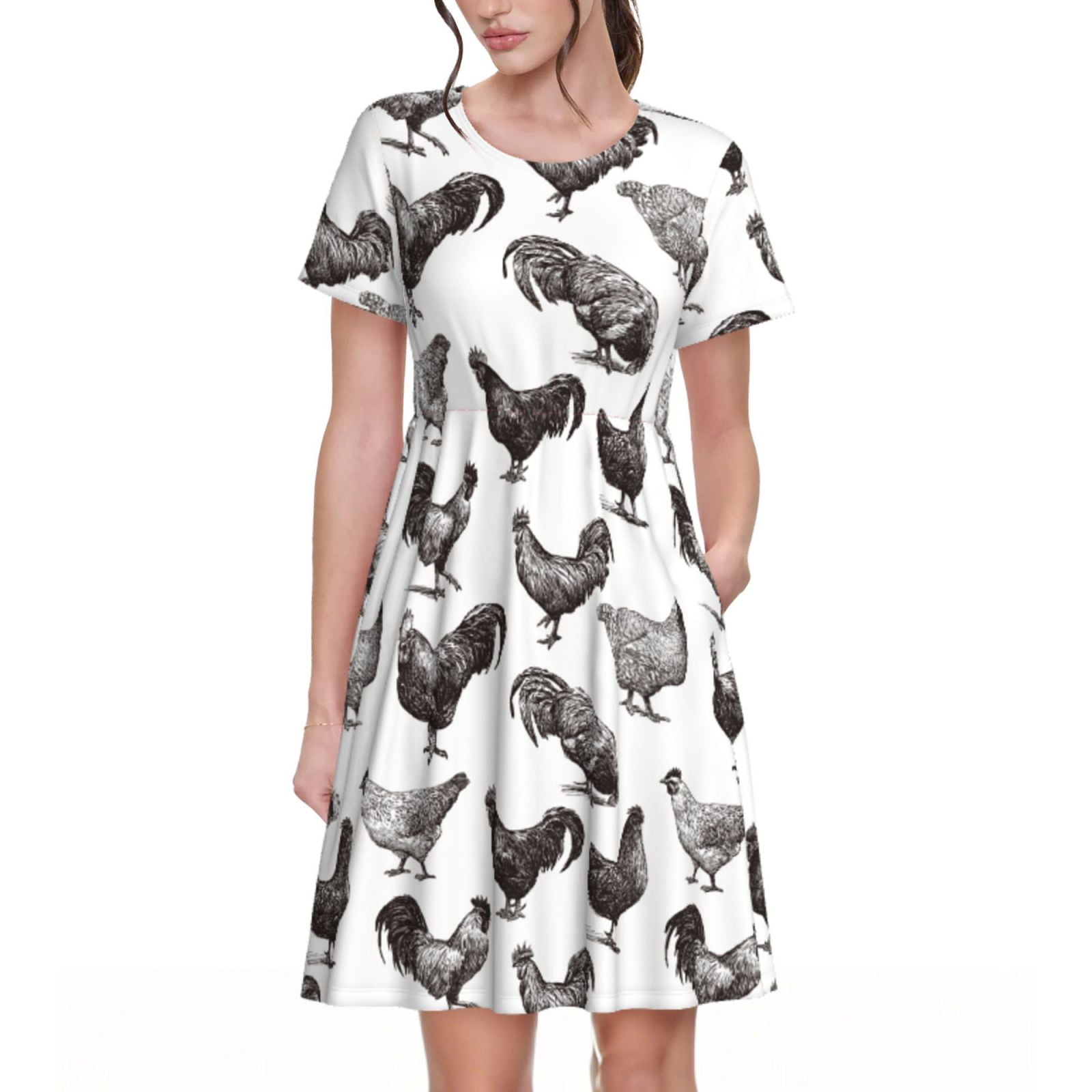 Haiem Funny Chicken Pattern Women's Short-Sleeve Scoop Neck Swing Dress ...