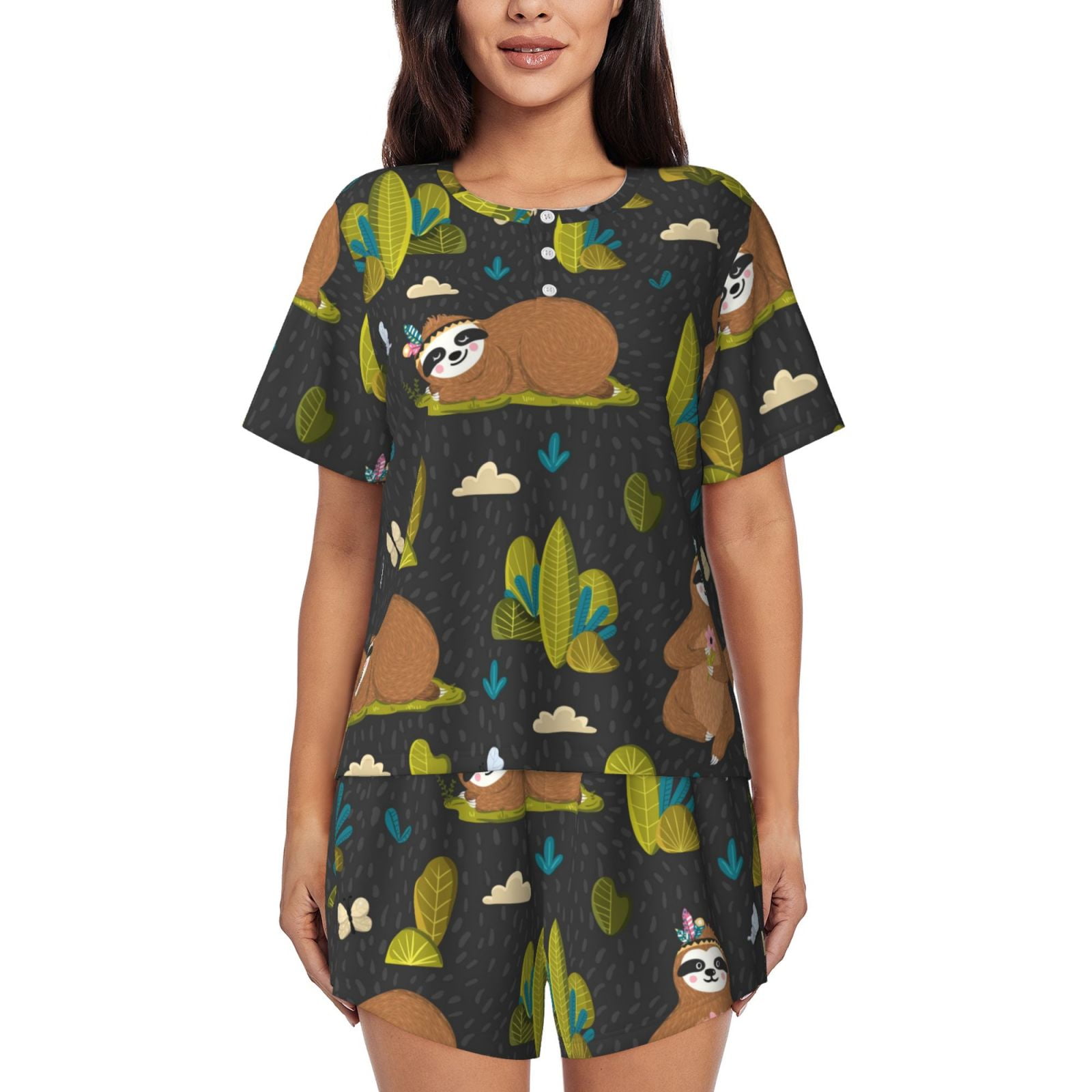Haiem Funny Sloths In The Forest Pattern Pajama Set for Women 2 Piece ...