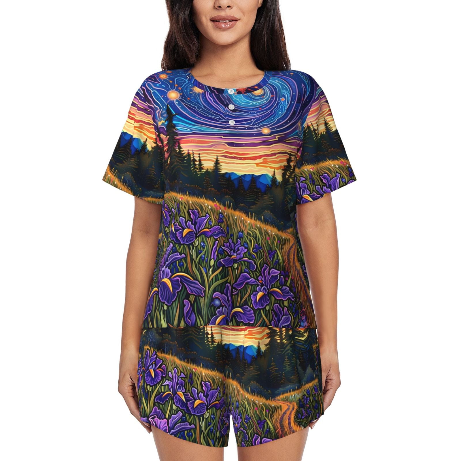 Haiem Galactic Night Over Meadow Pattern Pajama Set for Women 2 Piece ...