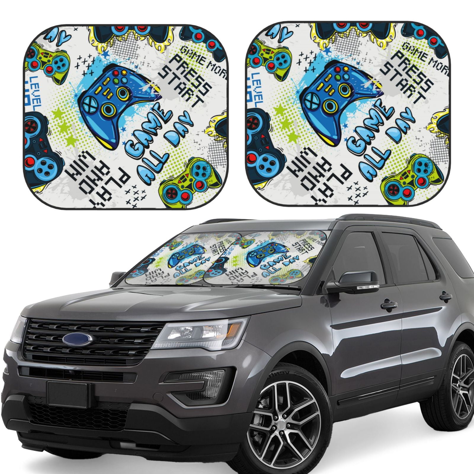 Haiem Game All Day Windshield Sun Shade: Universal Foldable 2-Piece Car ...