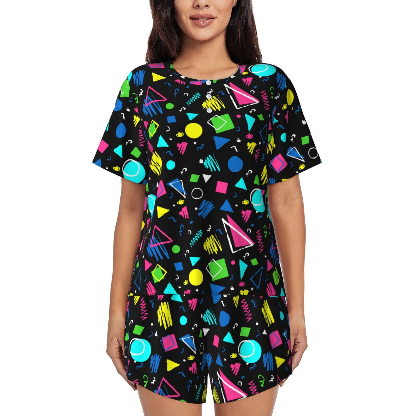 Haiem Geometric 1980s Styled Pattern Pajama Set for Women 2 Piece ...