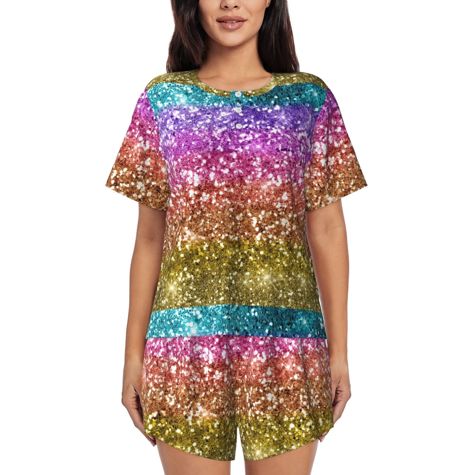Haiem Glitter Rainbow Pattern Pajama Set for Women 2 Piece Lounge Set ...