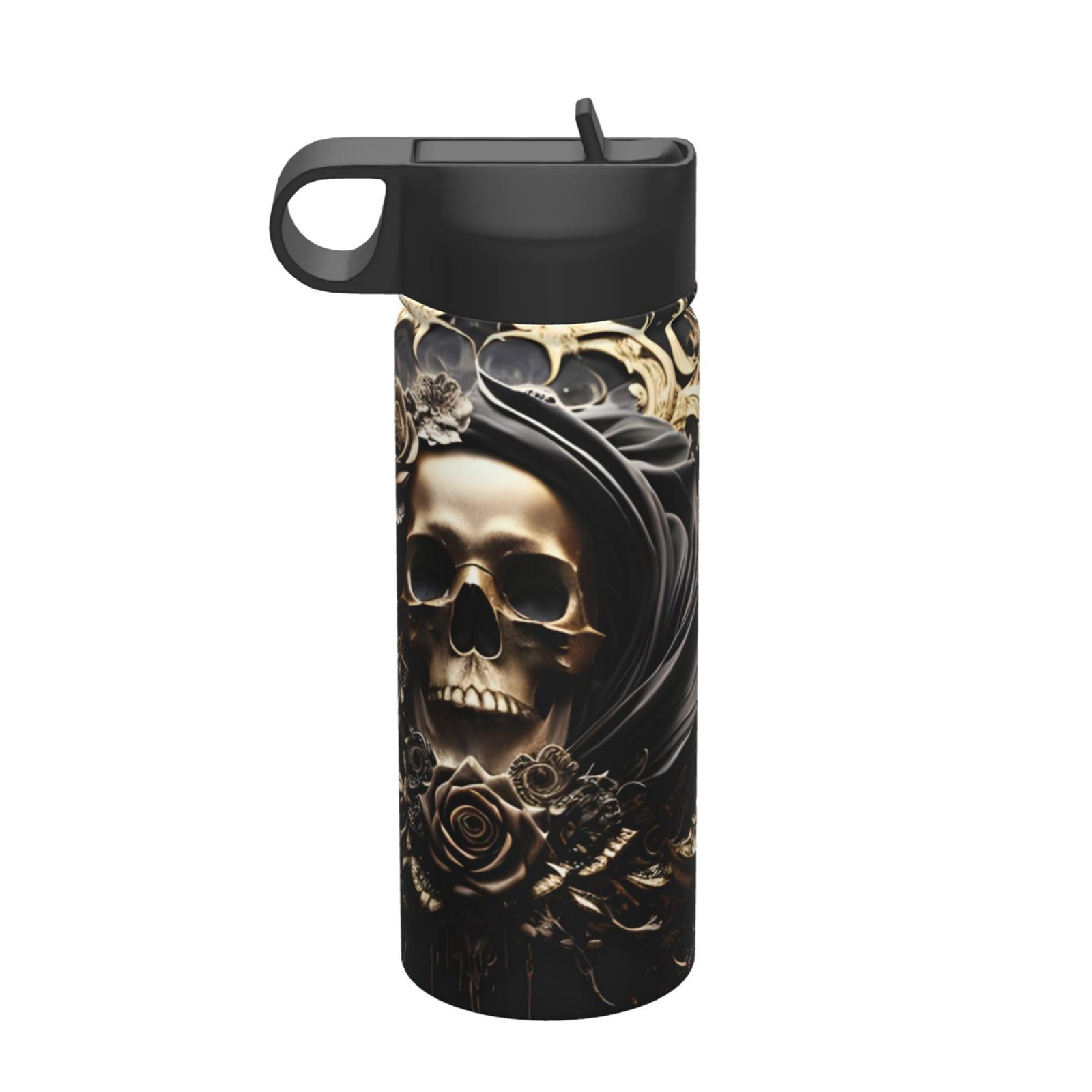 Haiem Gold Rose Skull Printed 18oz Sports Insulated Kettle With Straw ...