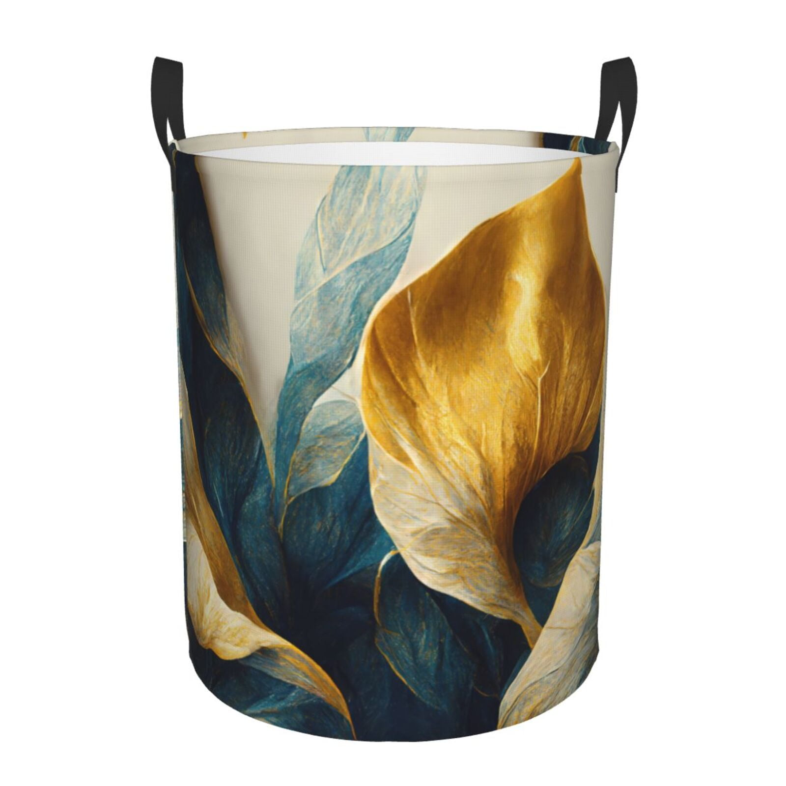 Haiem Golden Blue Leaf Design Print Laundry Basket, Laundry Hamper ...