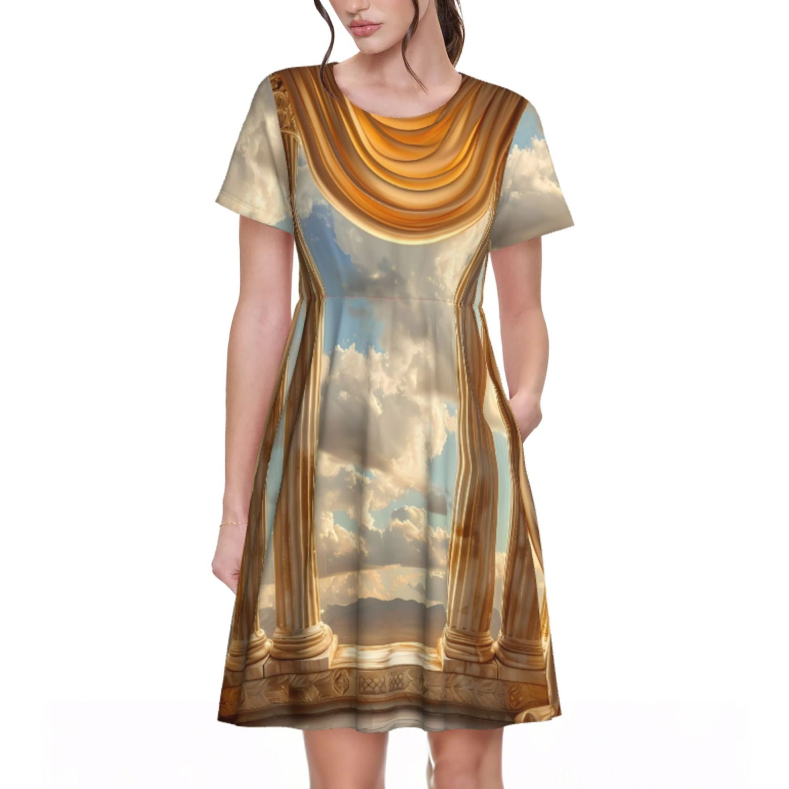 Haiem Golden Drapes Pillars Clouds Pattern Women's Short-Sleeve Scoop ...