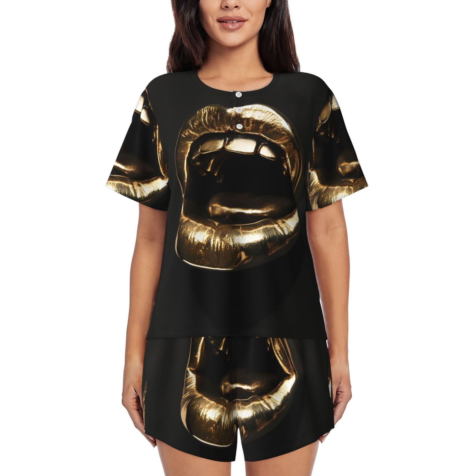 Haiem Golden Lips Modern Sculpture Pattern Pajama Set for Women 2 Piece ...