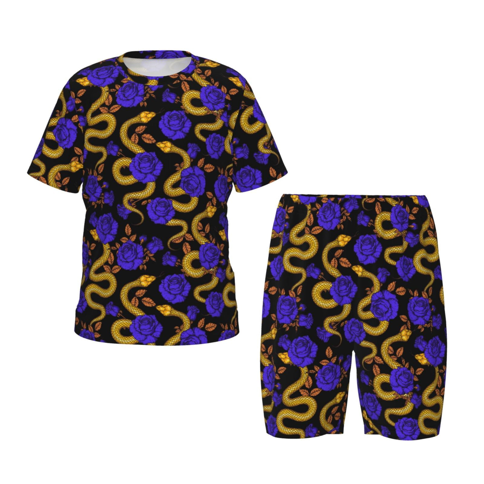 Haiem Golden Snake And Purple Rose Pattern Kids’ Breathable Pajama Set – Short-Sleeved Cotton ...