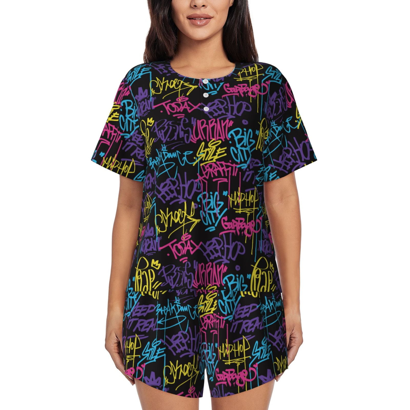 Haiem Graffiti Art Pattern Pajama Set for Women 2 Piece Lounge Set ...