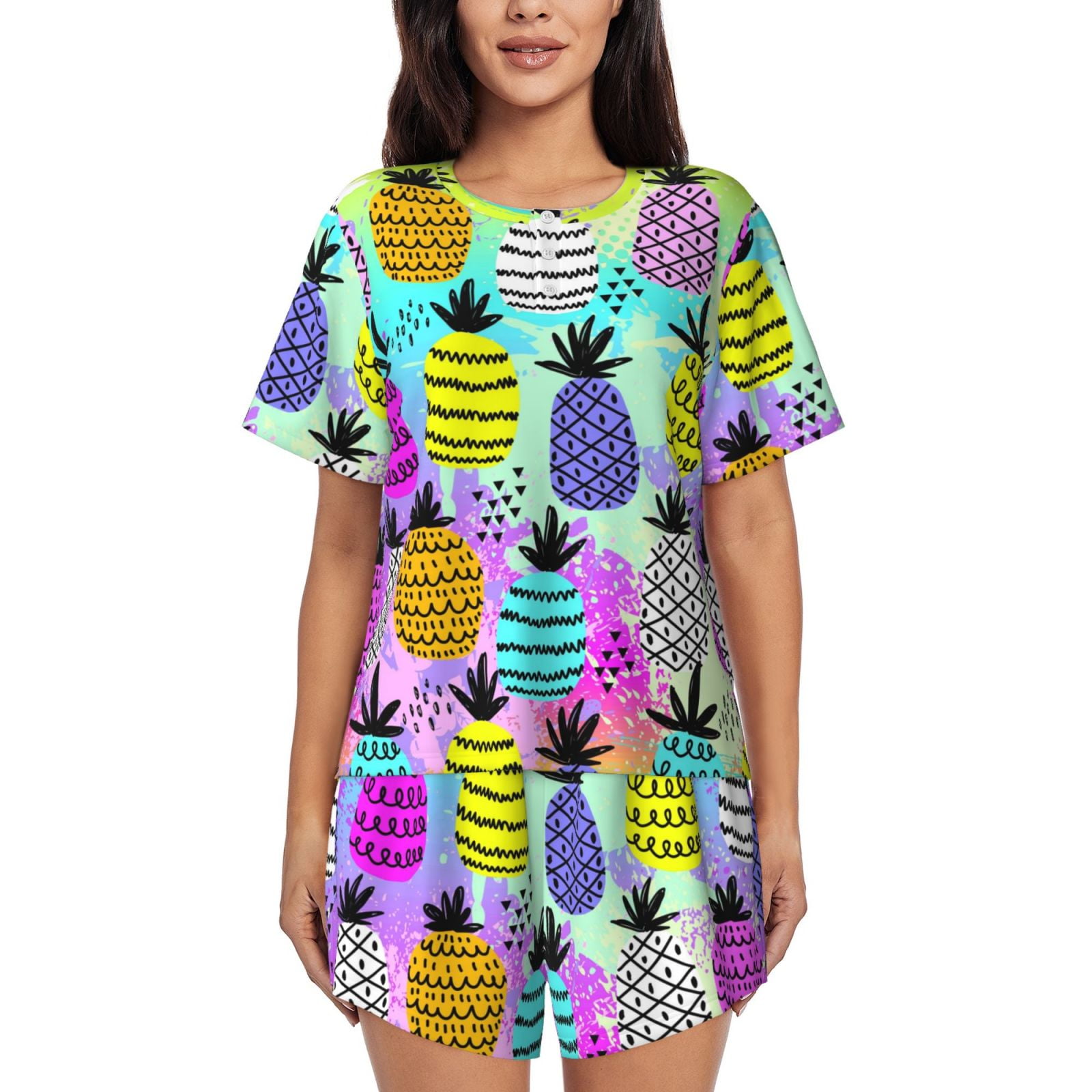 Haiem Graffiti Pineapples Pattern Pajama Set for Women 2 Piece Lounge Set Short Sleeve Tops and ...