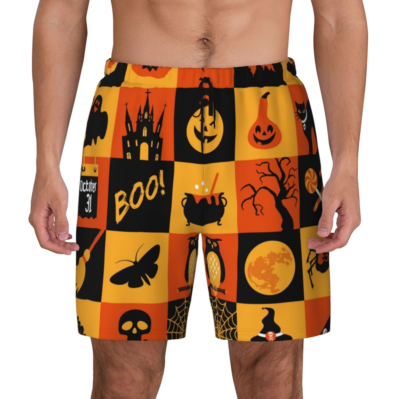 Haiem Halloween Banner Symbols Mens Swim Trunks with Compression Liner ...