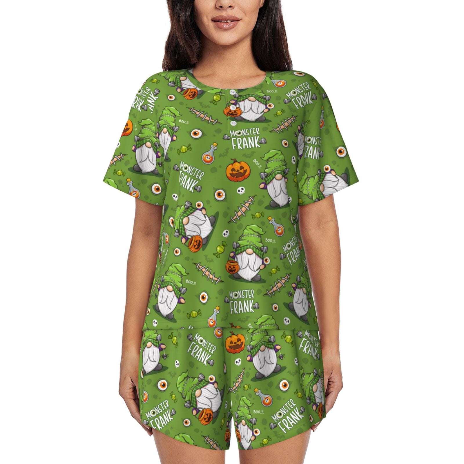 Haiem Halloween Monster Gnome Pattern Pajama Set for Women 2 Piece ...