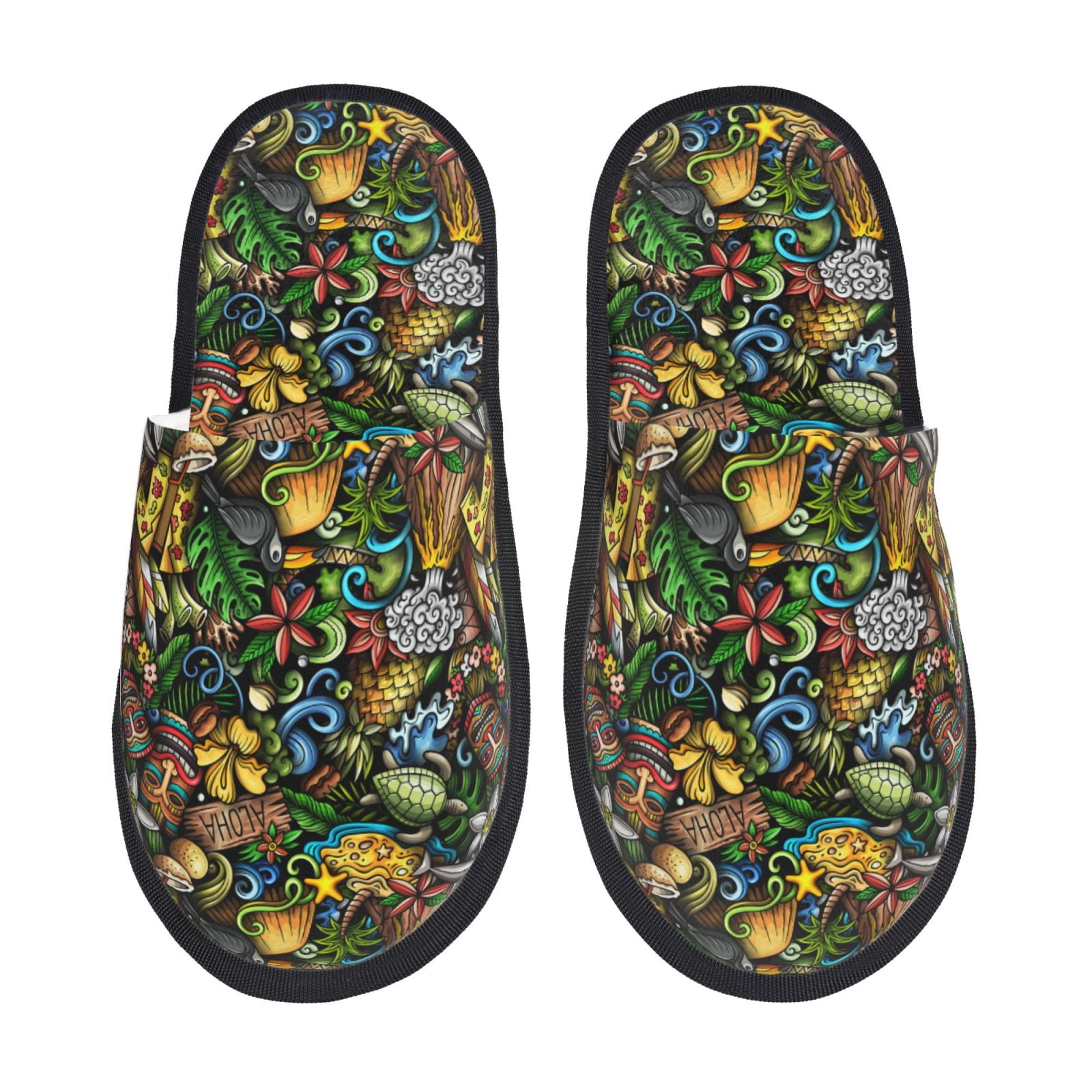 Haiem Hawaiian Culture Symbols Print Fuzzy Slippers for Women Plush ...
