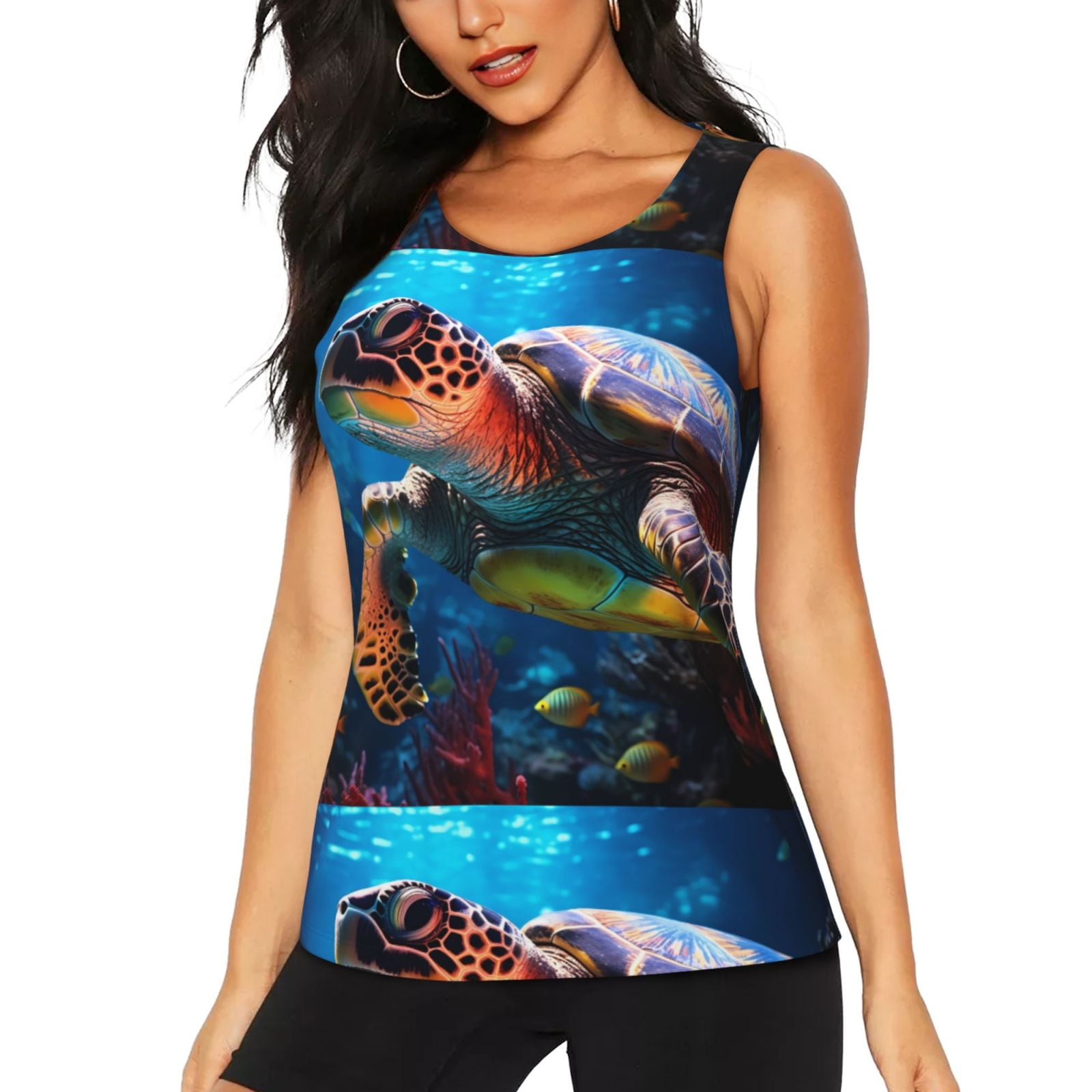 Haiem Ice Blue Ocean Sea Turtle Printed Women's Workout Tank Top, Quick ...