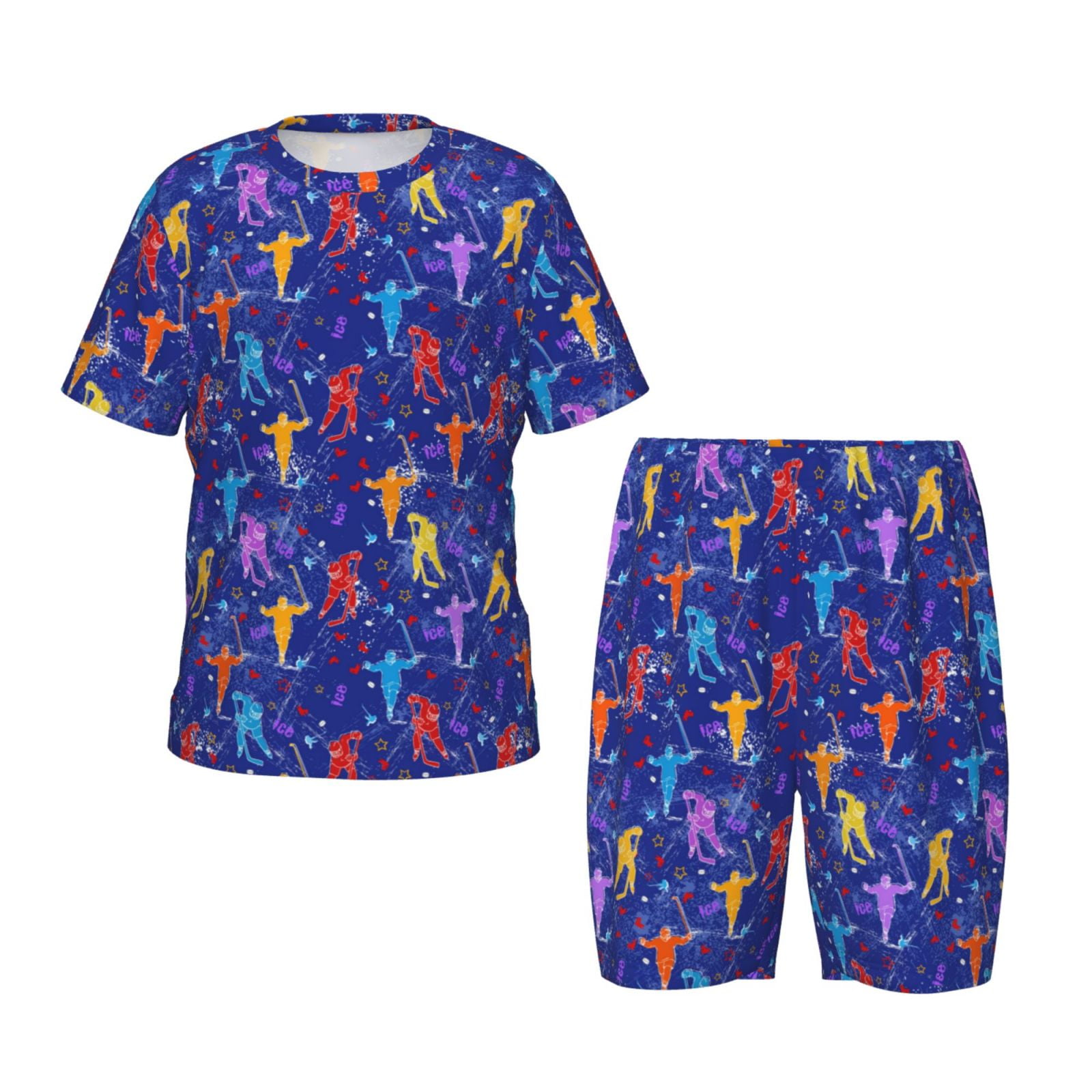 Haiem Ice Hockey Players With Puck Pattern Kids’ Breathable Pajama Set – Short-Sleeved Cotton ...