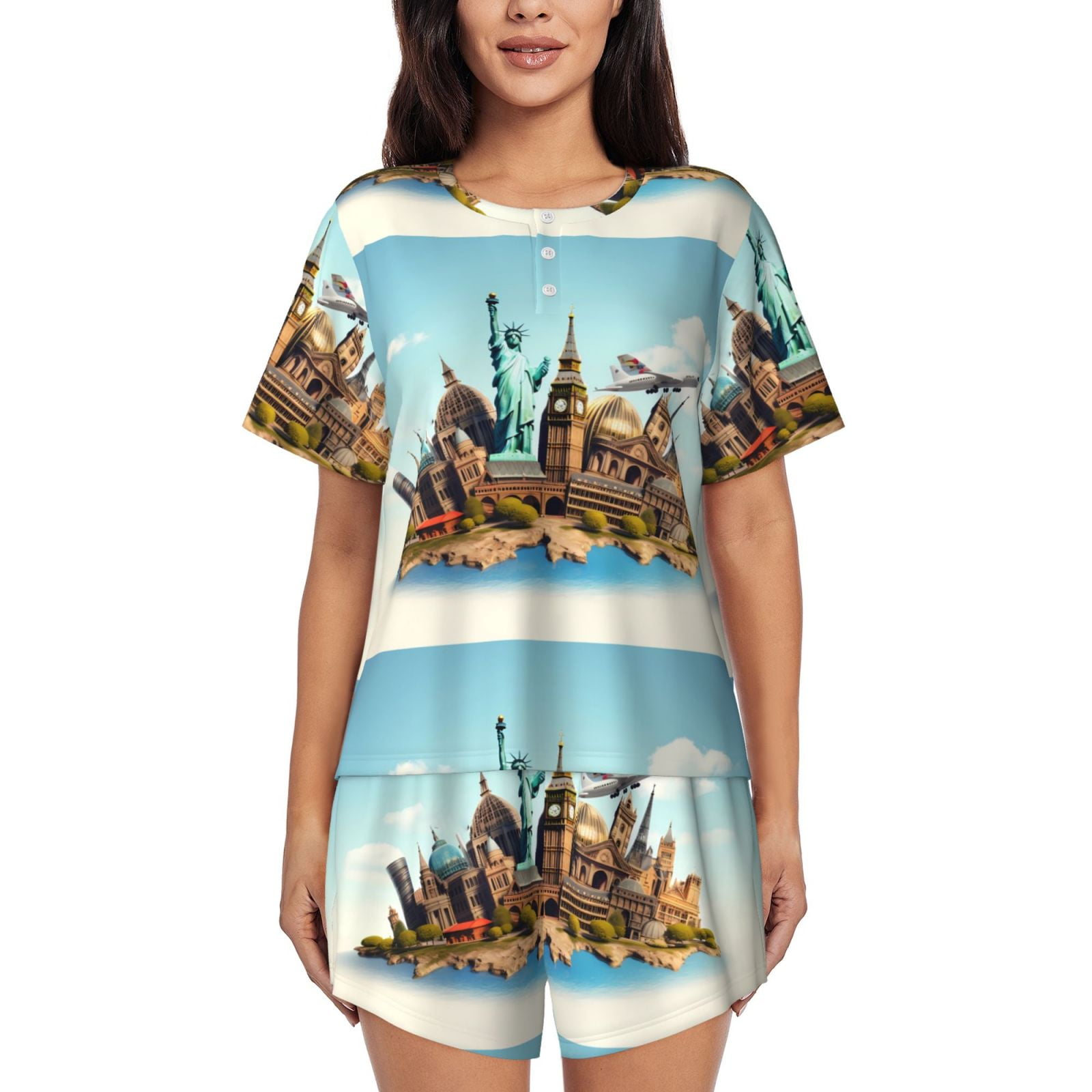 Haiem Iconic Global Landmarks Pattern Pajama Set for Women 2 Piece ...