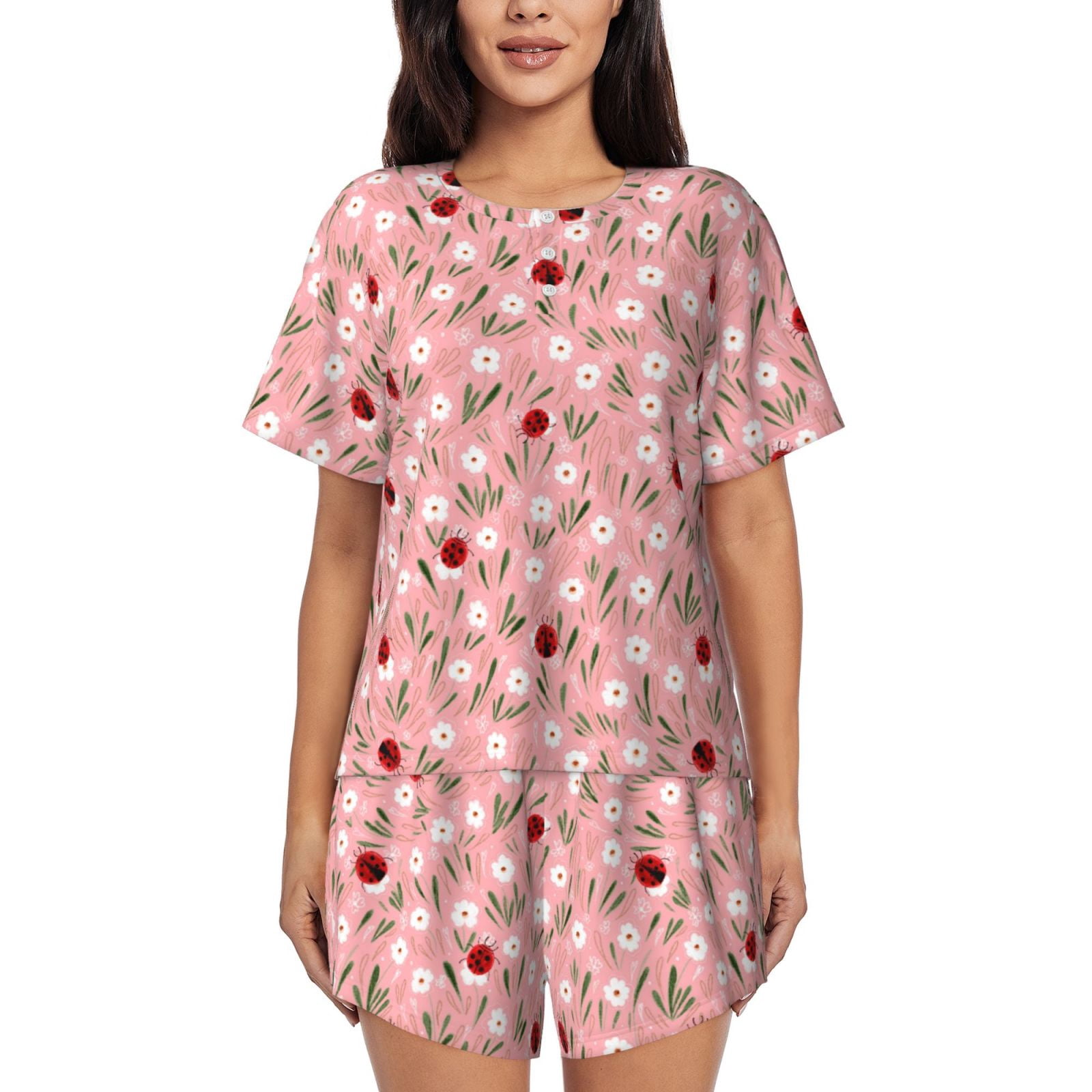 Haiem Ladybug And Flowers Pattern Pajama Set for Women 2 Piece Lounge ...