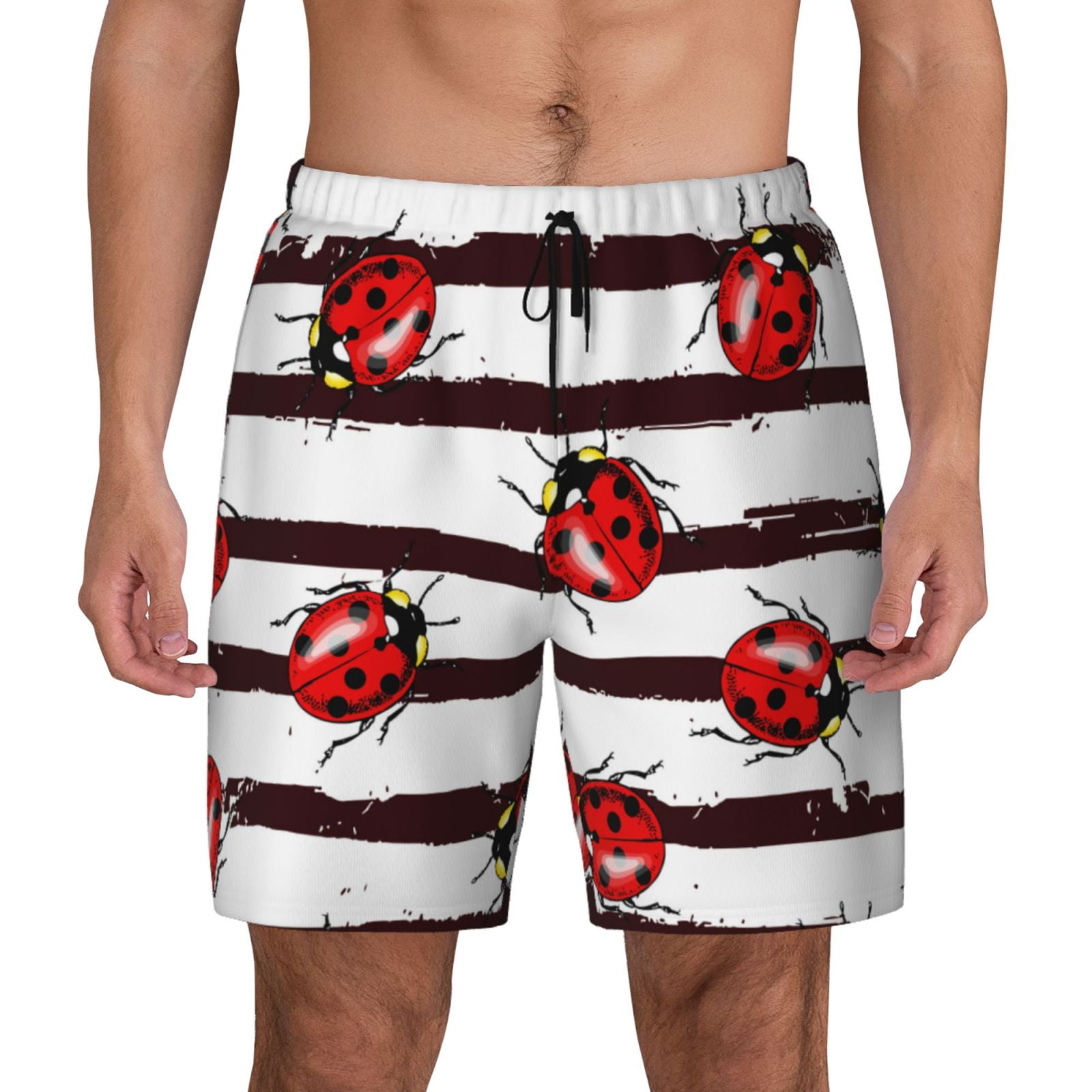 Haiem Ladybugs On Black And White Striped1 Men'S Quick-Dry Swim Trunks ...