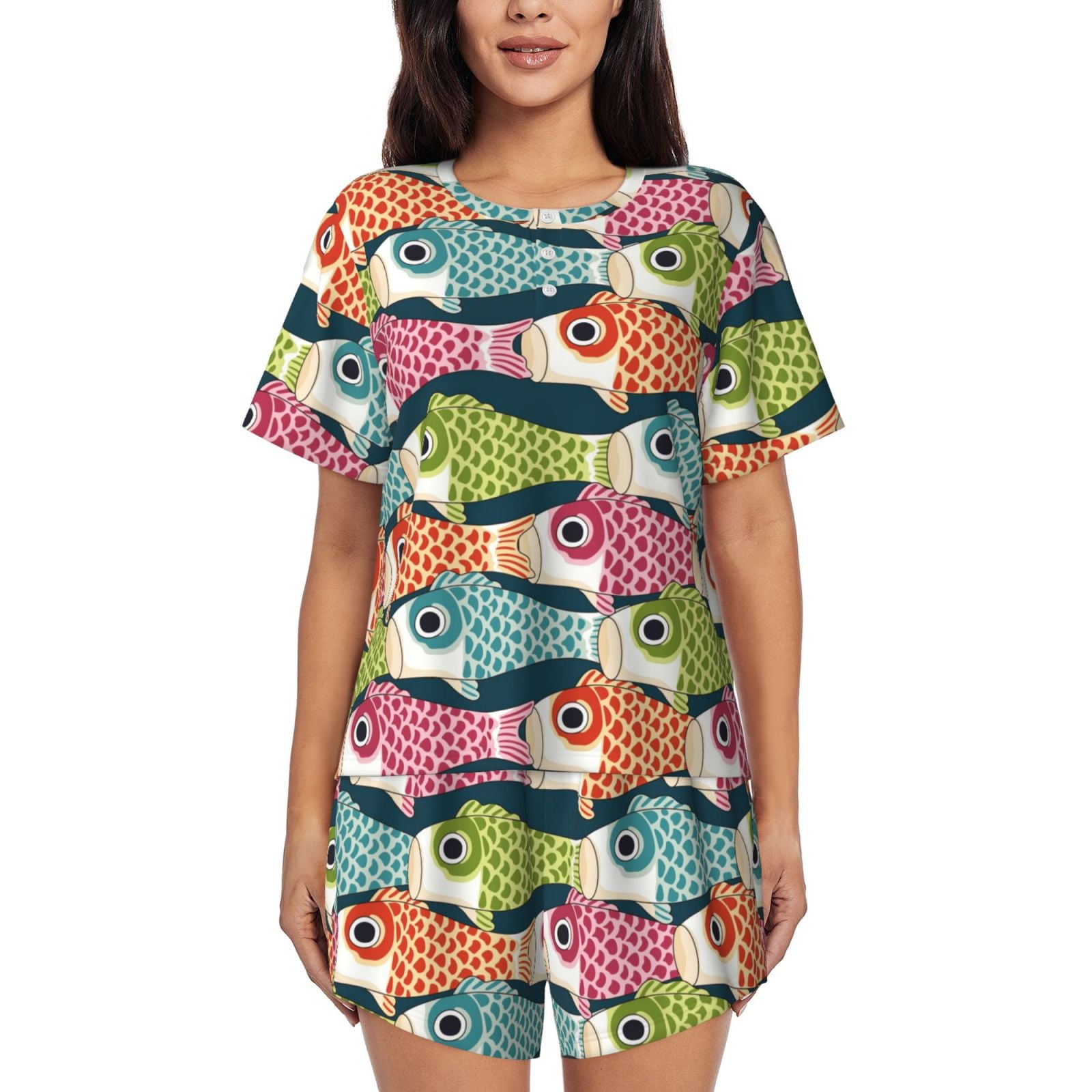 Haiem Lantern Koi Fish Pattern Pajama Set for Women 2 Piece Lounge Set ...