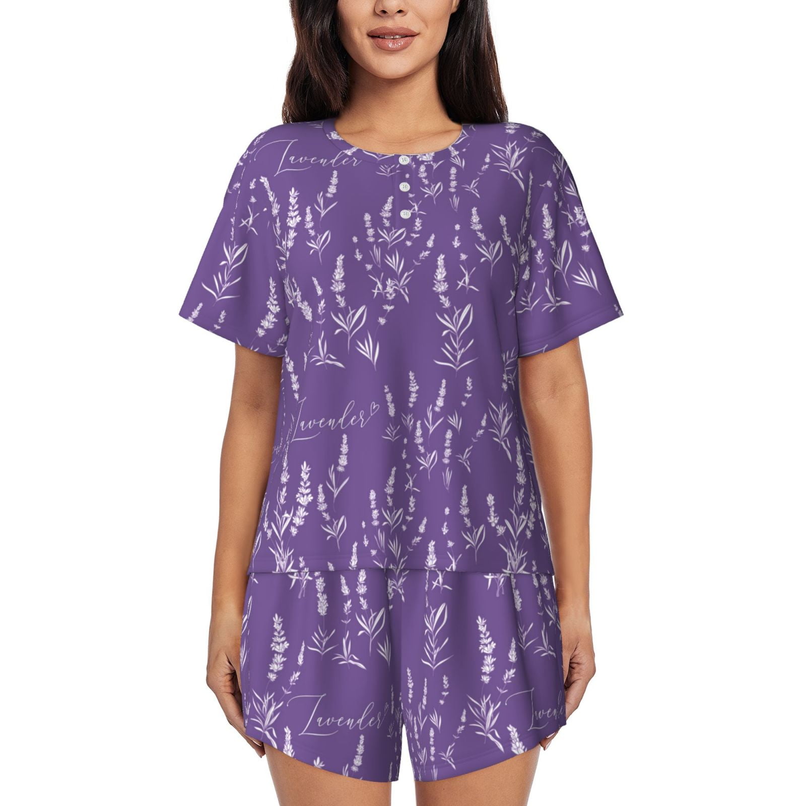 Haiem Lavender Flowers Pattern Pajama Set for Women 2 Piece Lounge Set Short Sleeve Tops and ...