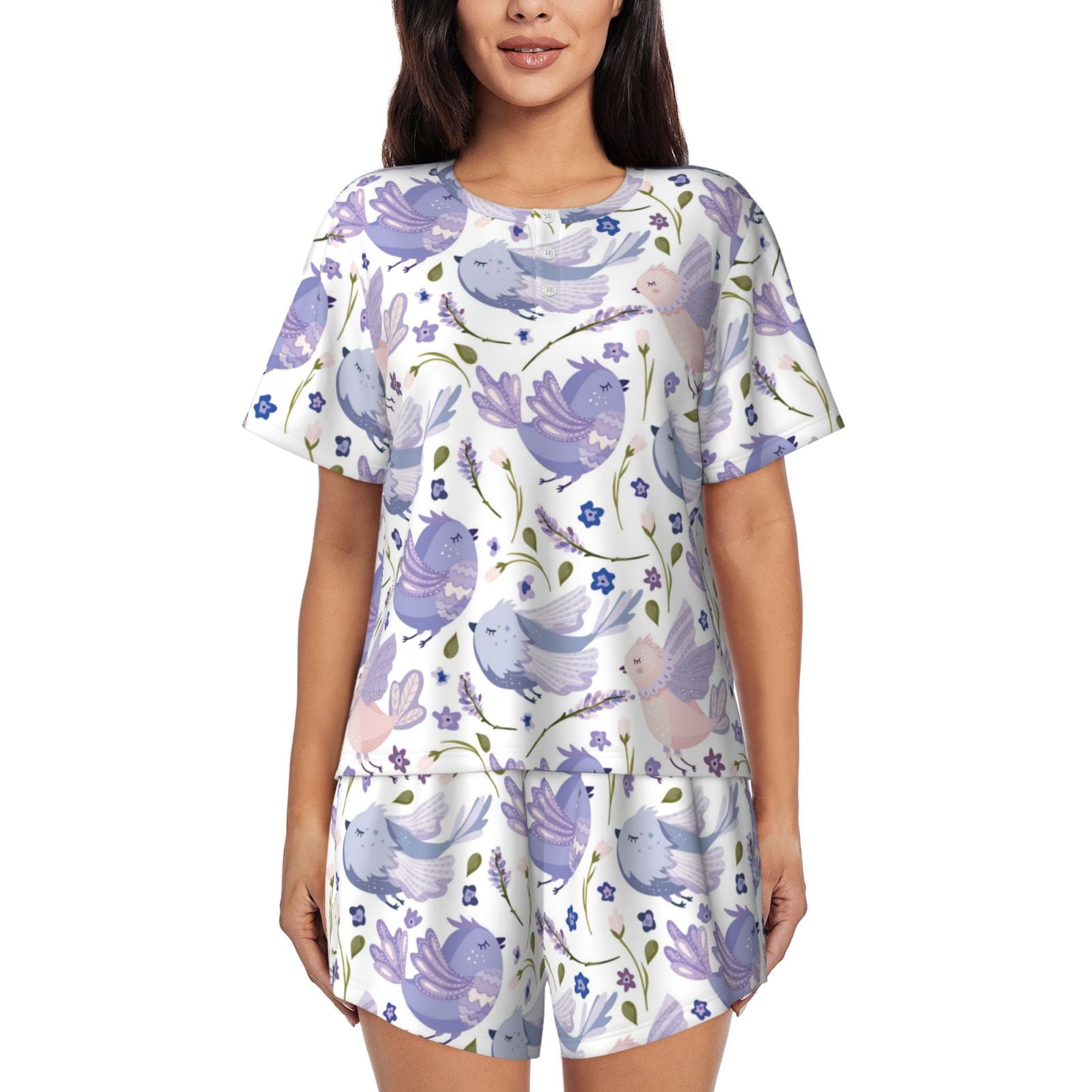 Haiem Lavender Flowers Pattern Pajama Set for Women 2 Piece Lounge Set Short Sleeve Tops and ...