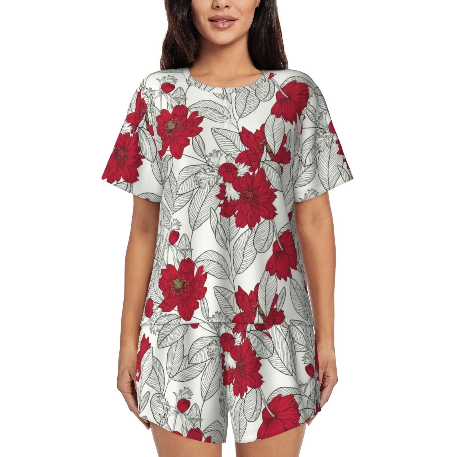 Haiem Leaves And Anemone Flowers In Red Grey Pattern Pajama Set for ...