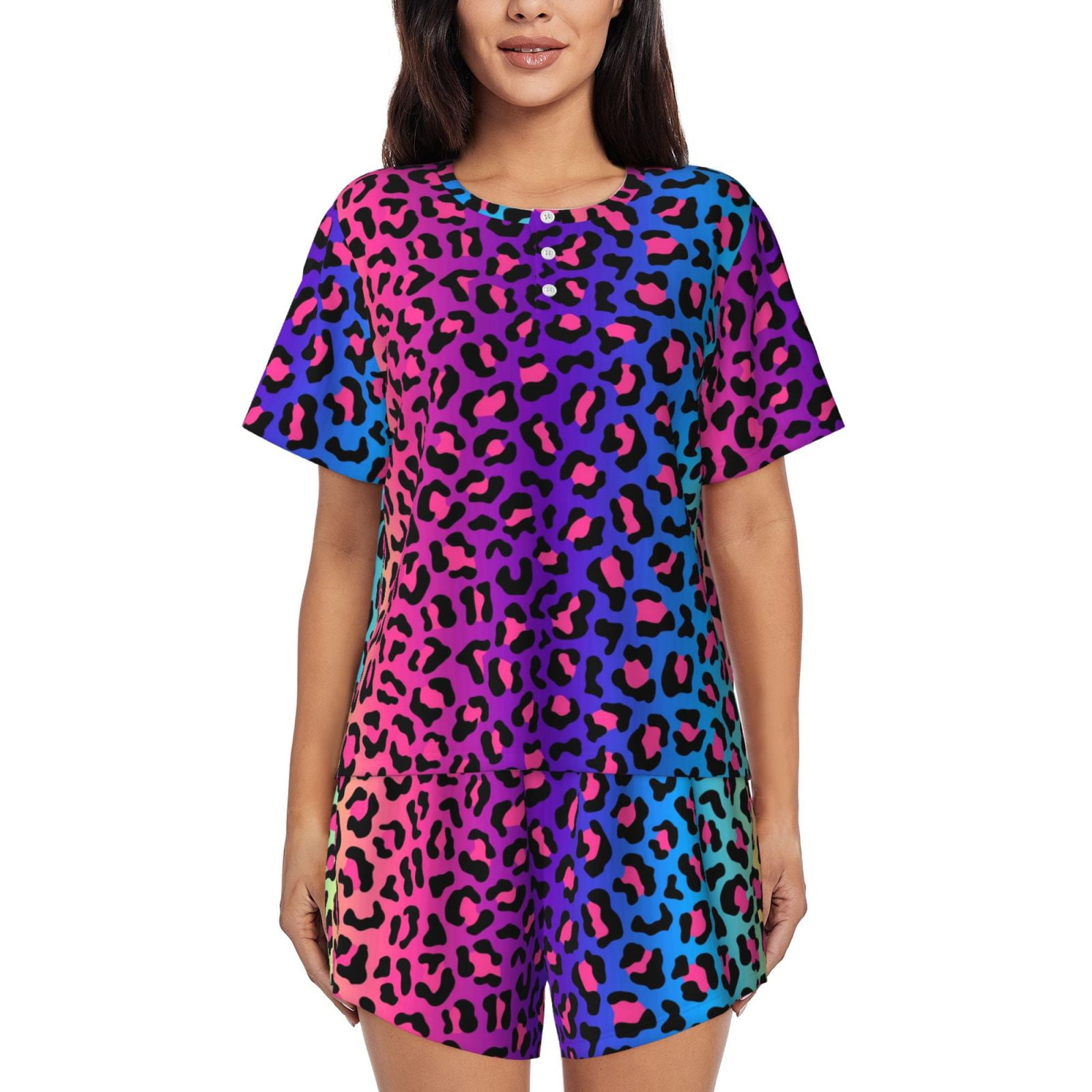Haiem Leopard Neon Rainbow Gradient Pattern Pajama Set for Women 2 ...
