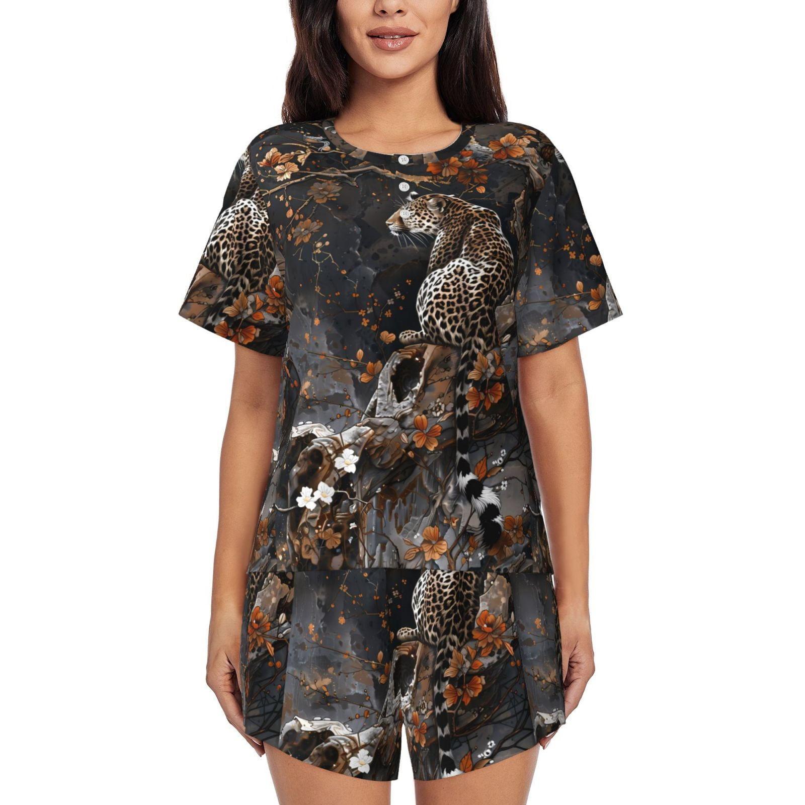Haiem Leopard On Tree Branch Pattern Pajama Set for Women 2 Piece ...