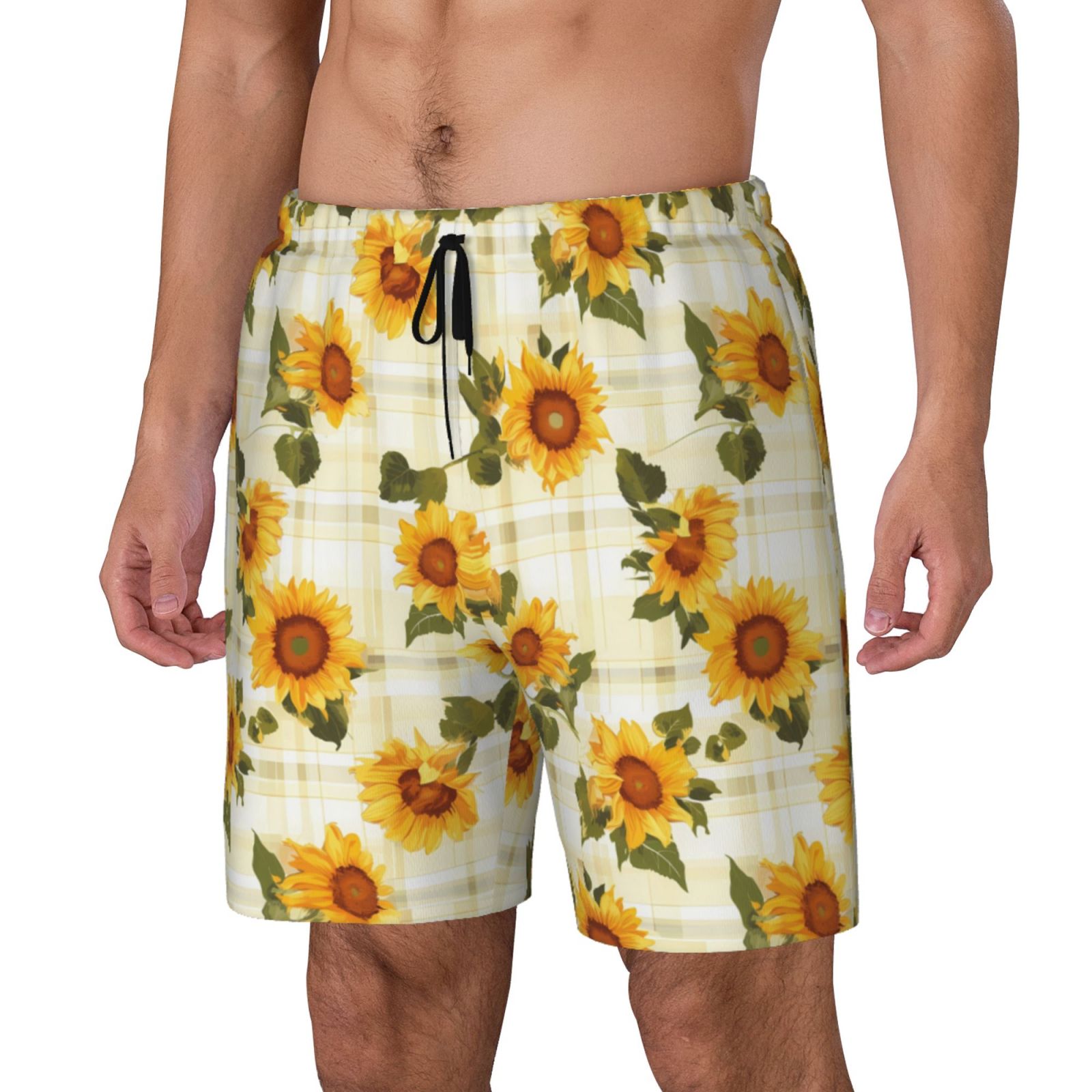 Haiem Light Green Plaid Sunflower Mens Swim Trunks with Compression ...