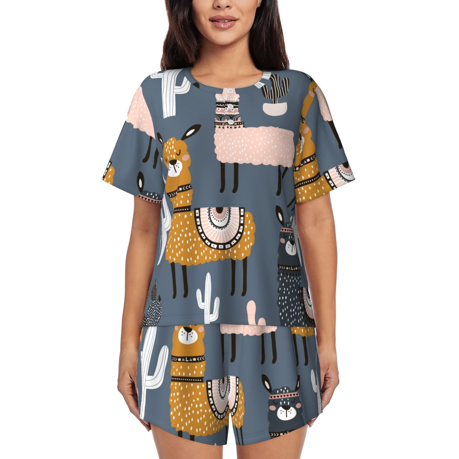 Haiem Llama and Cactus Pattern Pajama Set for Women 2 Piece Lounge Set ...