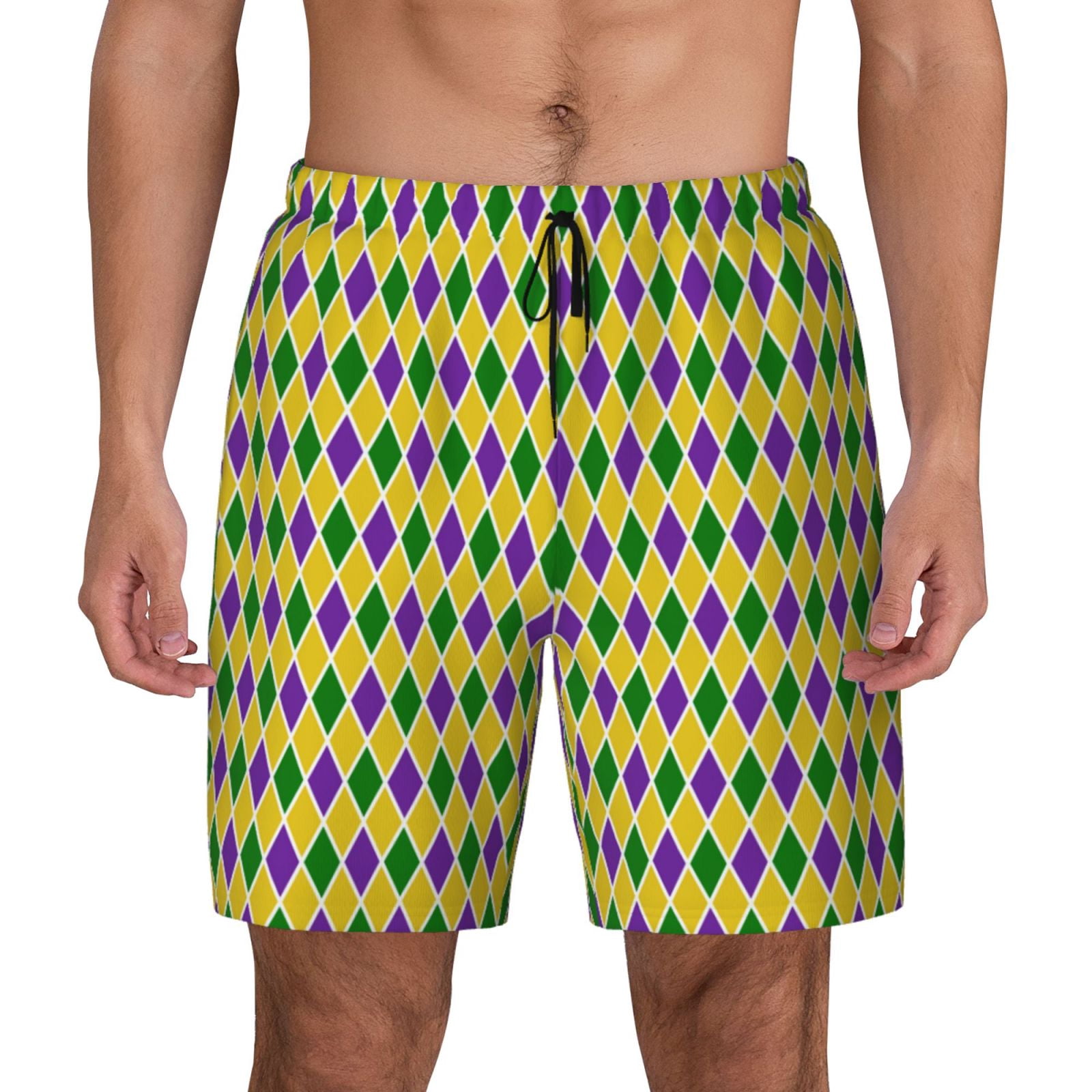 Haiem Mardi Gras Purple Yellow Plaid Mens Swim Trunks with Compression ...
