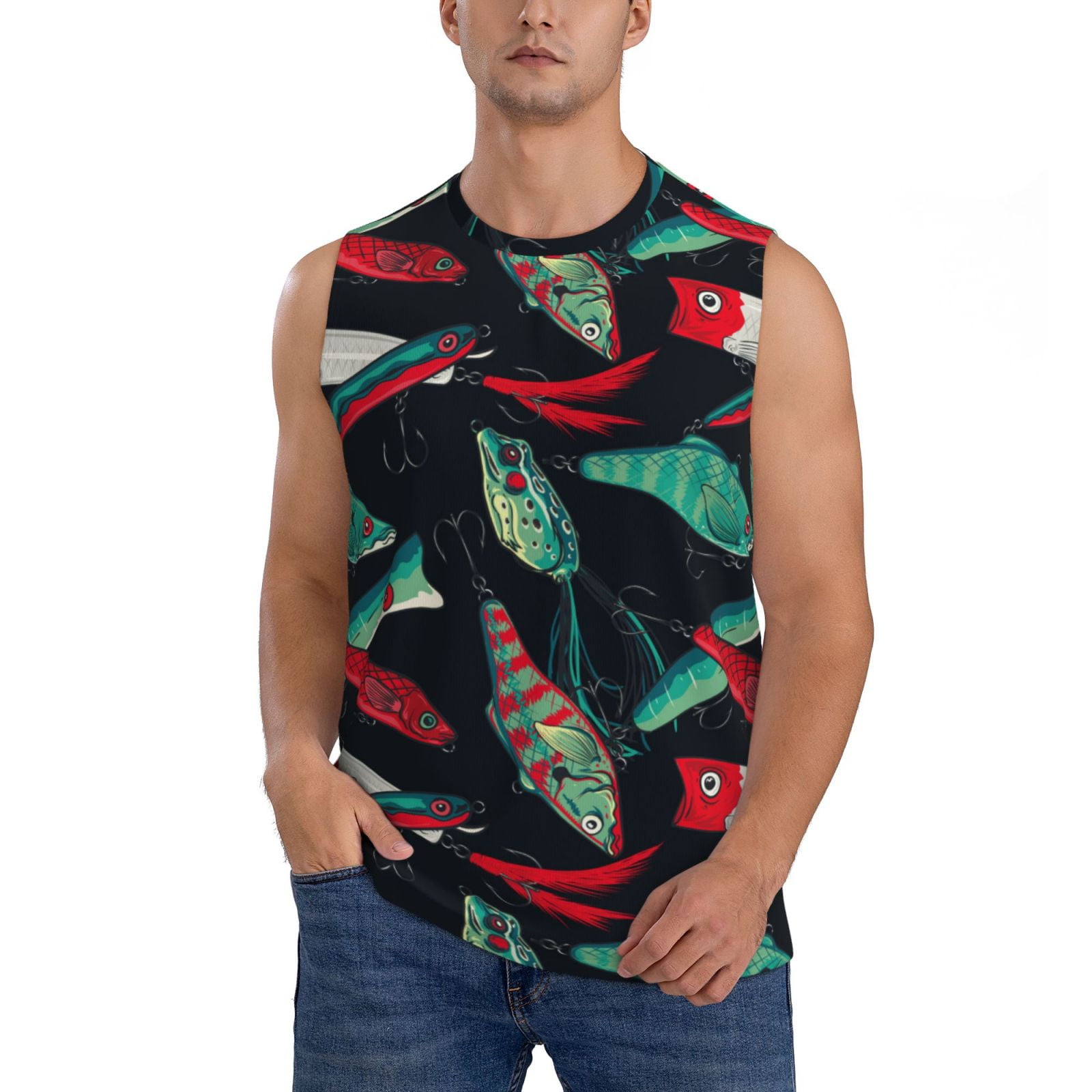 Haiem Men's Fishing Lure Print Tank Tops Summer Sleeveless Cut Off ...