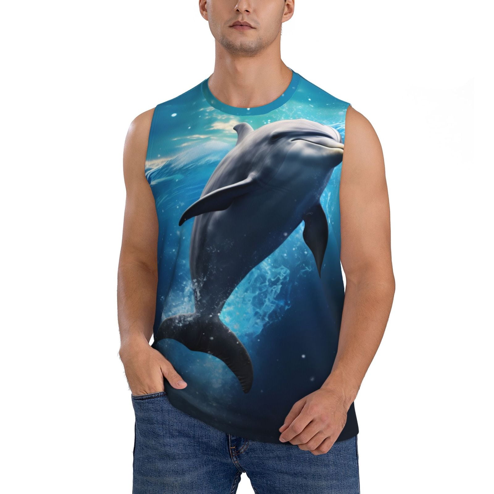 Haiem Men's Ice Blue Ocean Cute Dolphin Print Tank Tops Summer ...