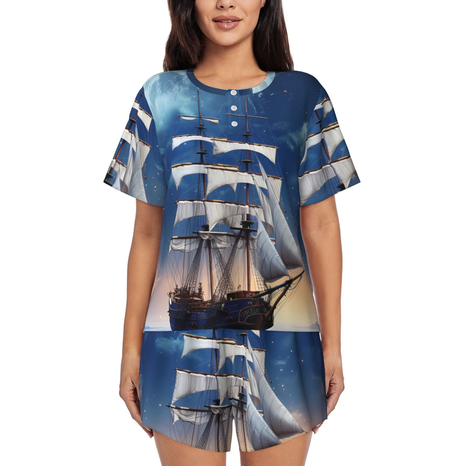 Haiem Moonlit Night Sea Sailboat Pattern Pajama Set for Women 2 Piece ...